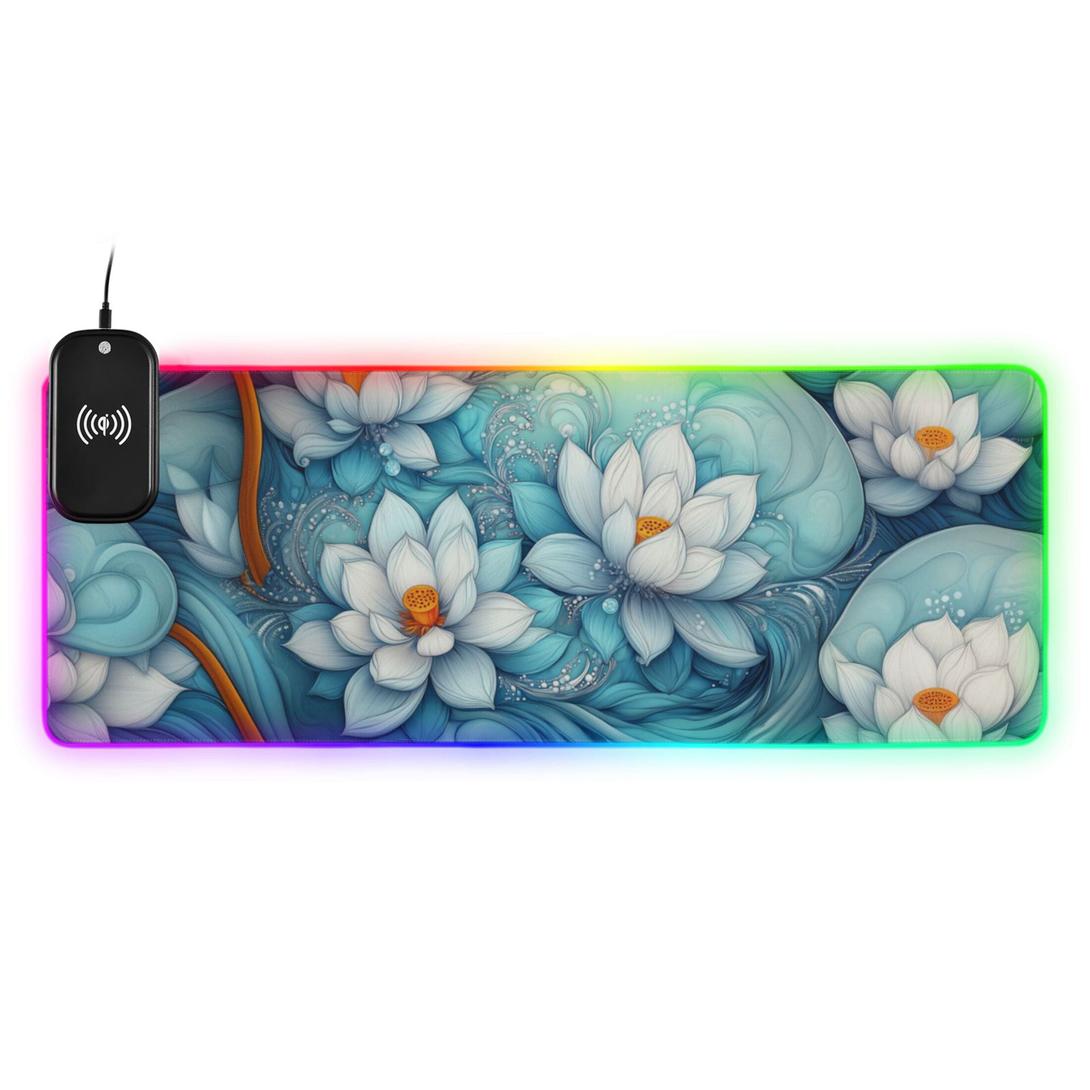 Lotus Floating on Swirls and Waves Wireless Charging RGB Gaming Mouse ...