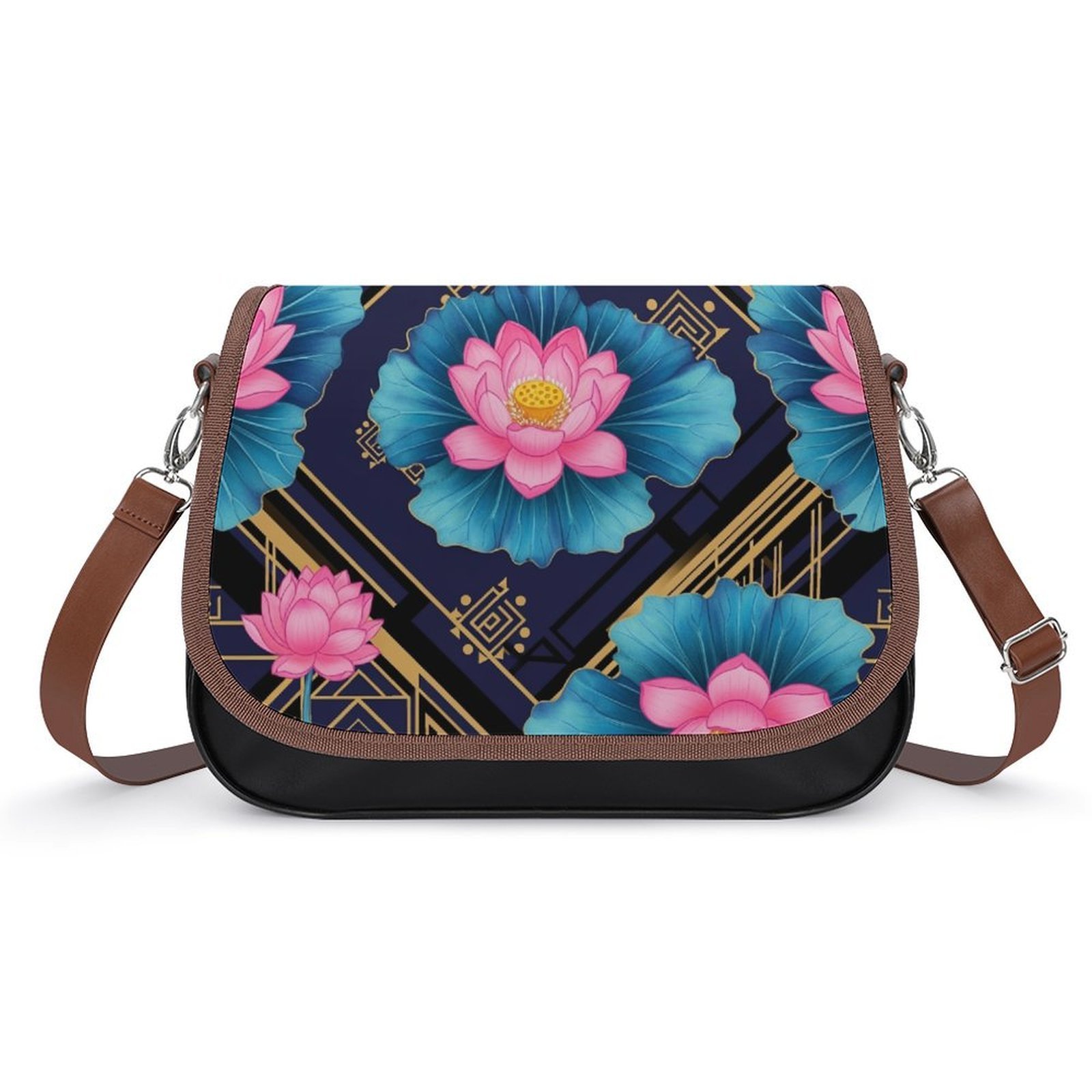 Lotus Floral Art Deco Vintage Crossbody Bag For Women Medium Leather ...