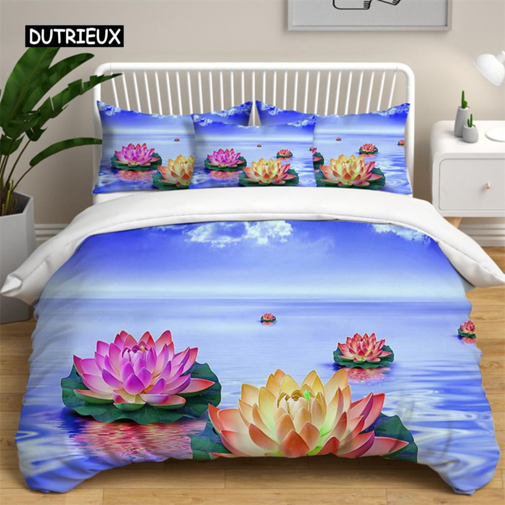 Lotus Floral Duvet Cover King Microfiber Water Hibiscus Bedding Set ...