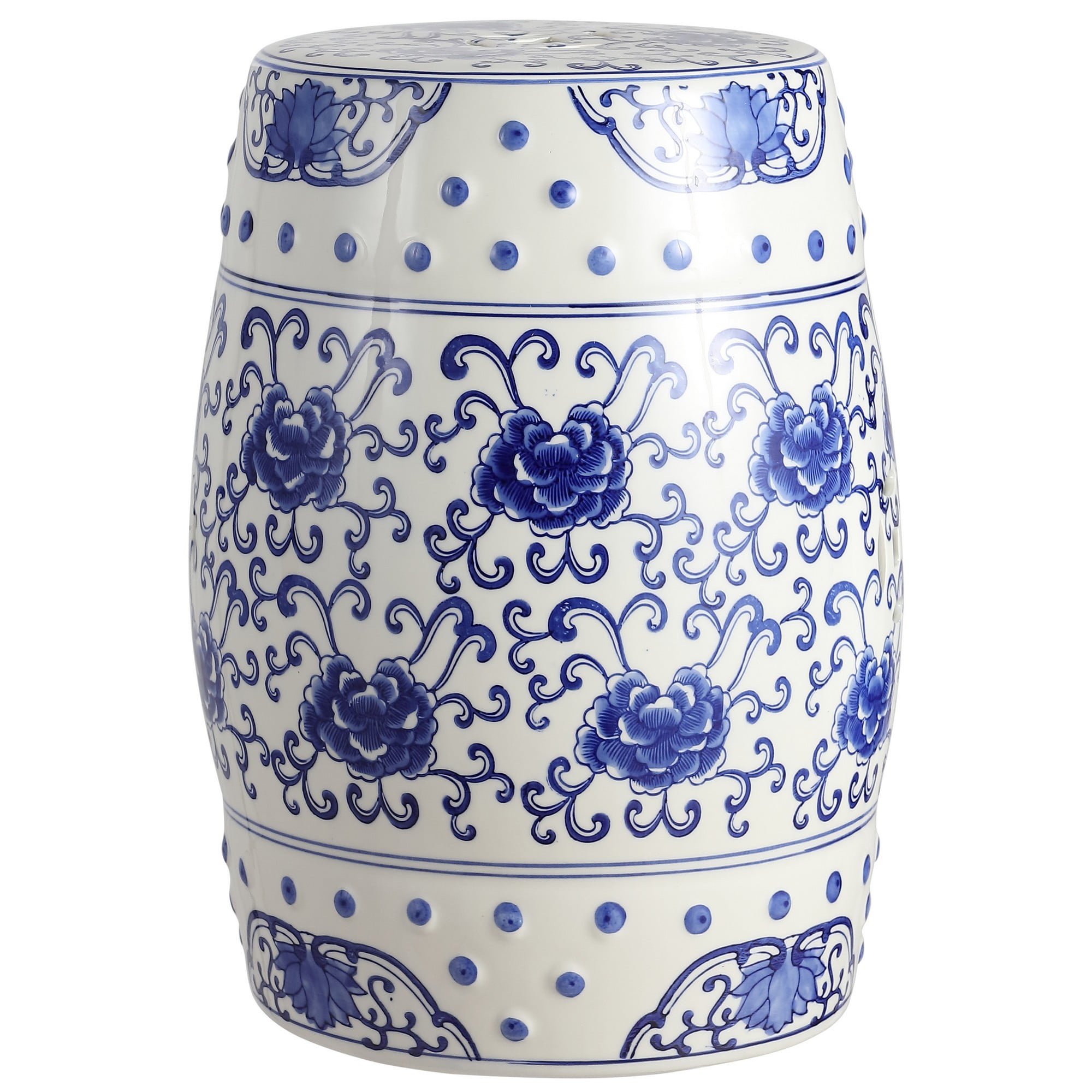 Lotus Flower 17.8" Chinoiserie Ceramic Drum Garden Stool, Blue/White ...