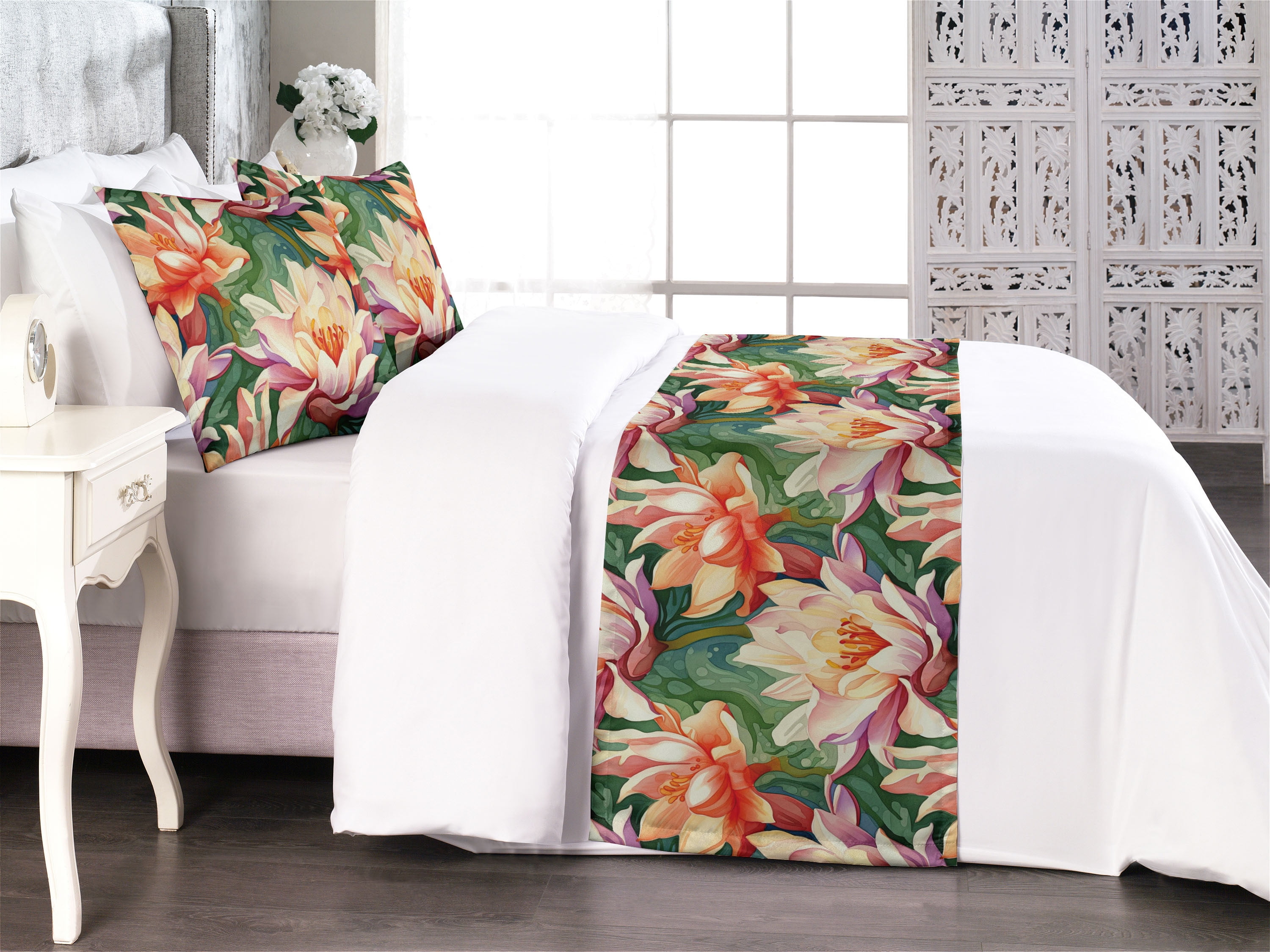 Lotus Flower Bed Runner Set, Water Lily Blooming Art on Nature Inspired ...