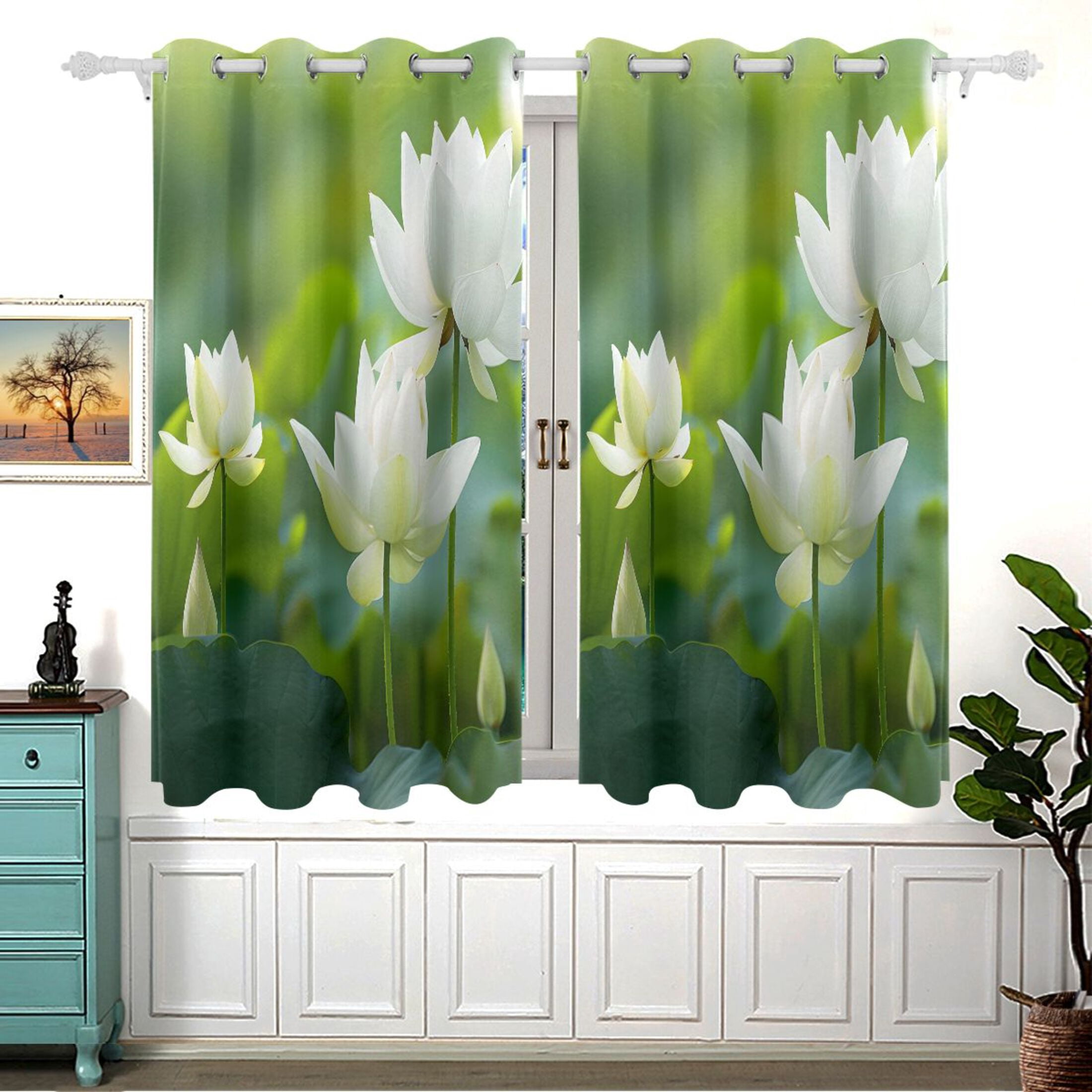 Lotus Flower Blooming Blackout Curtains 54 inch Length 2 Panels Grommet ...