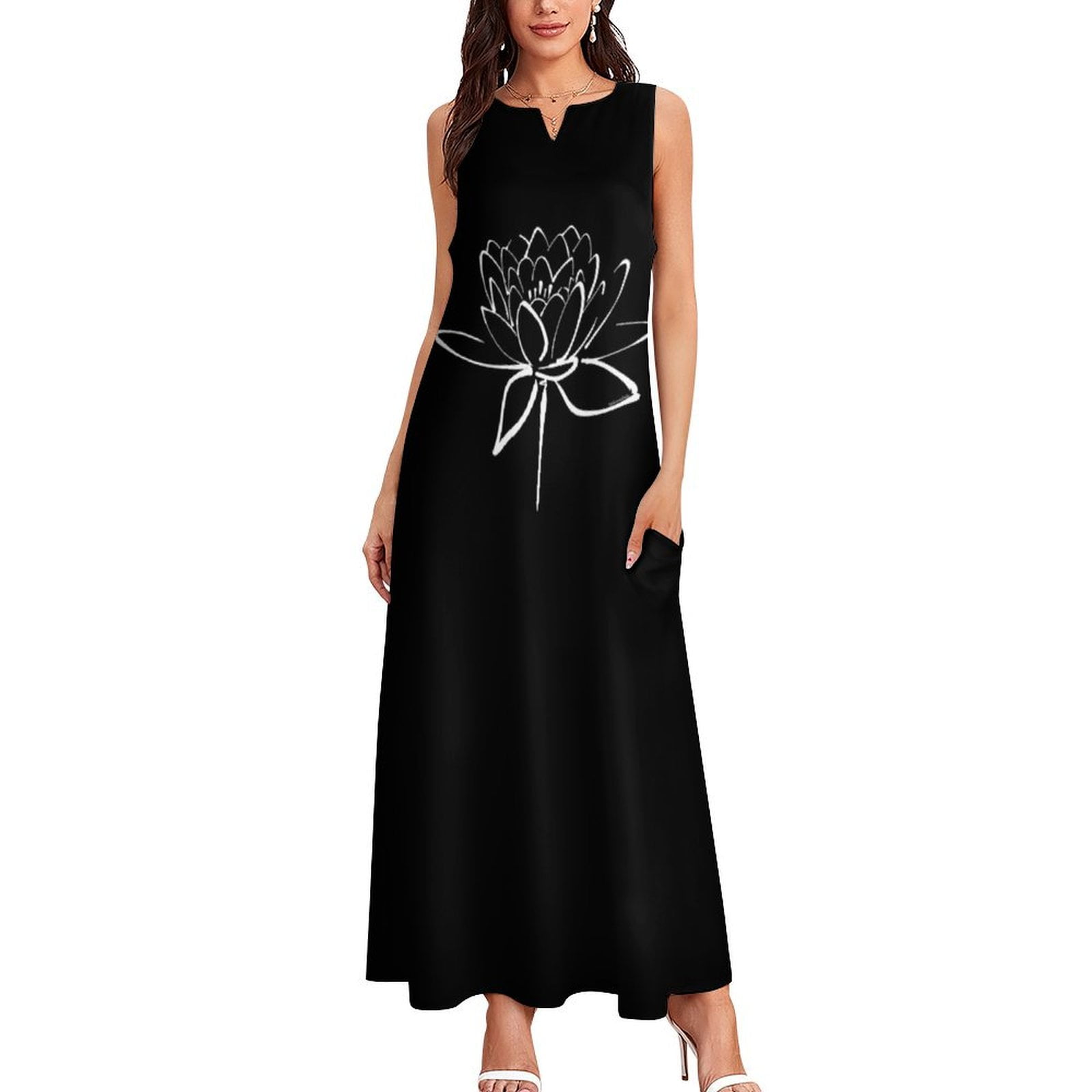 Lotus Flower Calligraphy (White) Long Dress ladies dresses for women ...