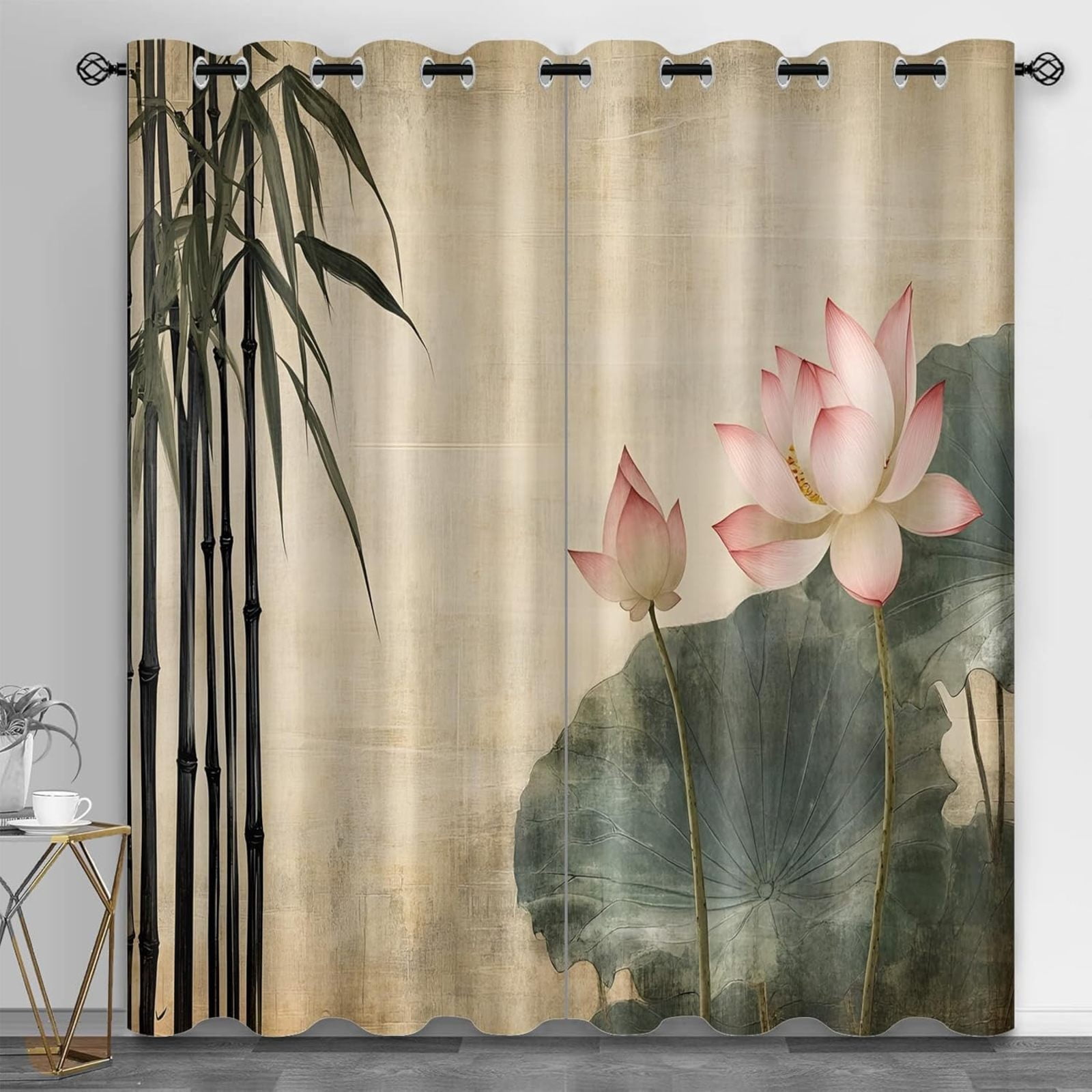 Lotus Flower Curtains Oriental Bamboo Blackout Curtains, Chinese ...