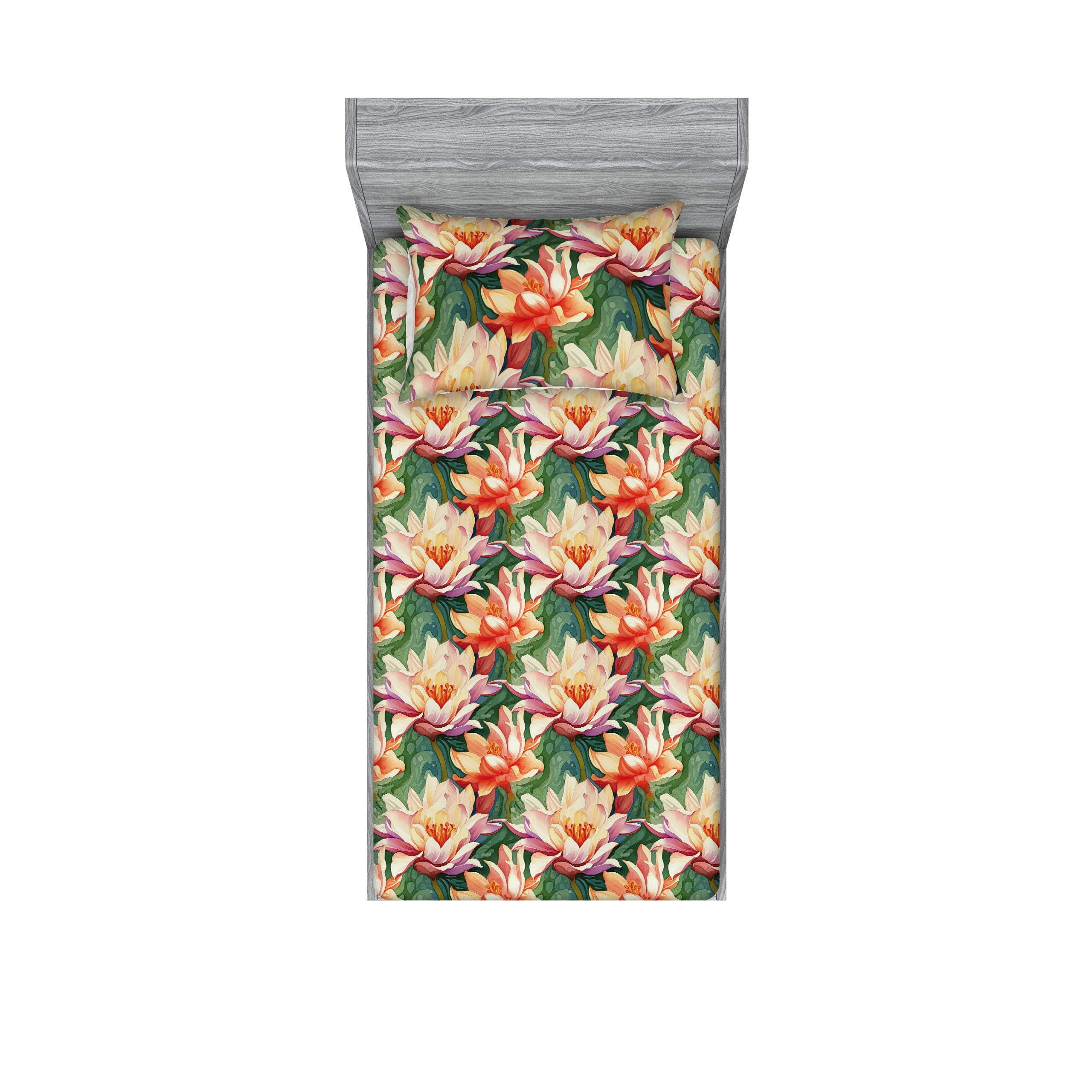 Lotus Flower Fitted Sheet & Pillow Sham Set, Water Lily Blooming Art on Nature Inspired Green ...