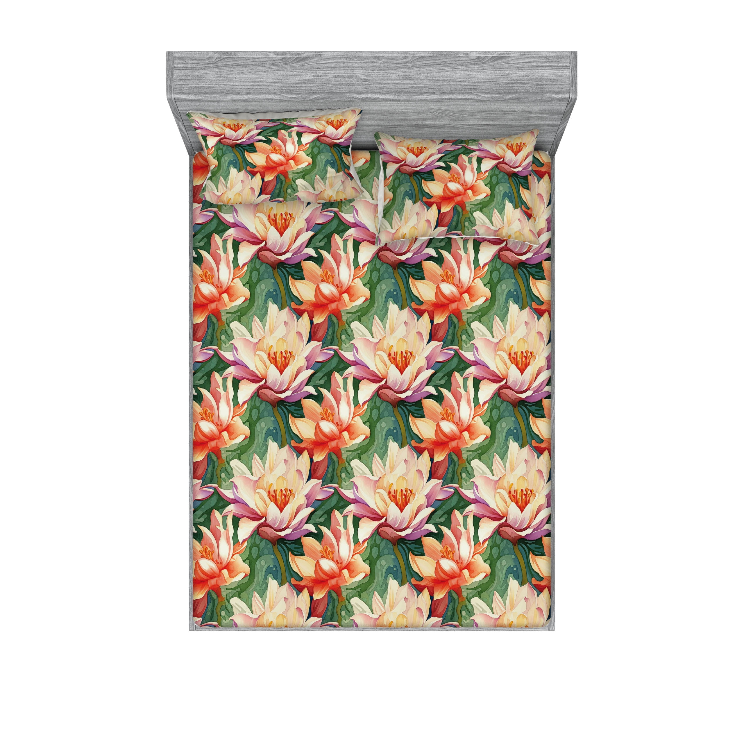 Lotus Flower Fitted Sheet & Pillow Sham Set, Water Lily Blooming Art on ...