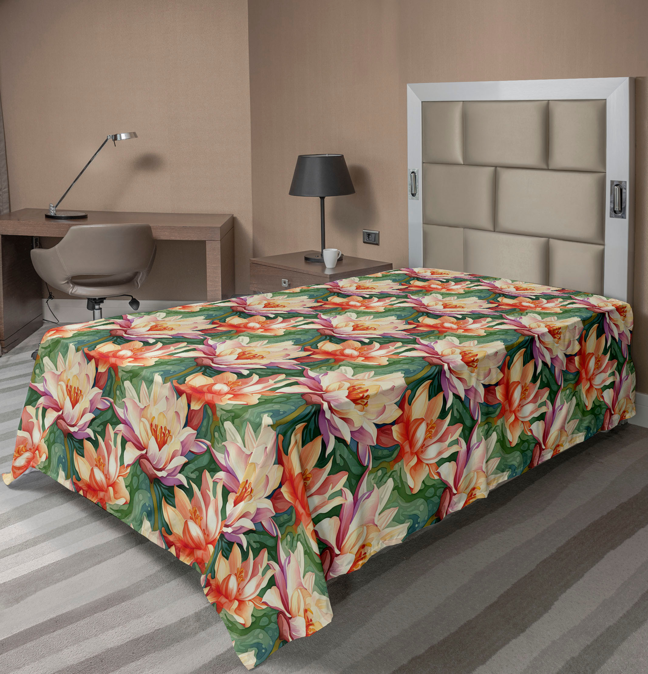 Lotus Flower Flat Sheet, Water Lily Blooming Art on Nature Inspired ...