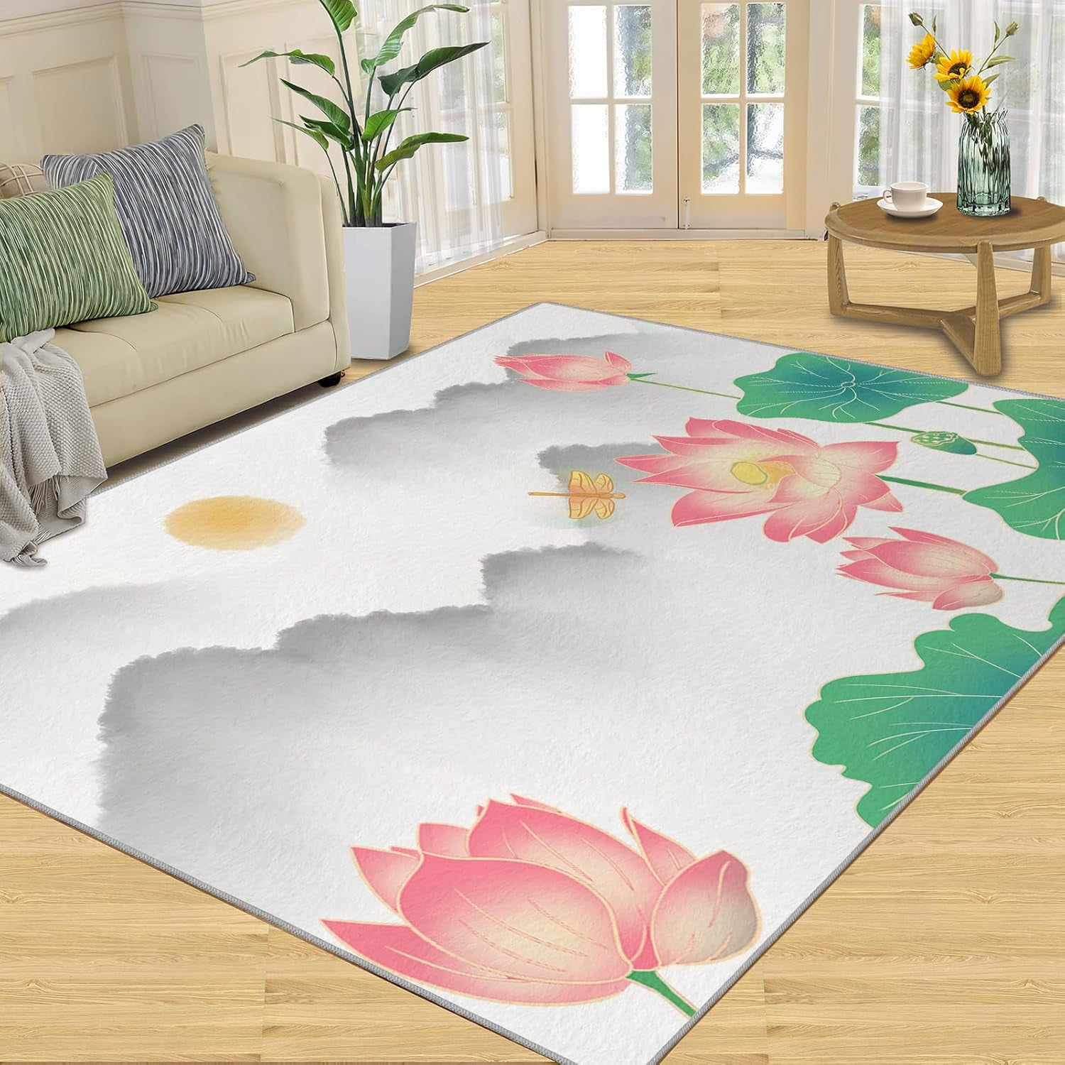 Lotus Flower Floral Area Rugs Green Lotus Leaf Ink Art Nature Landscape ...