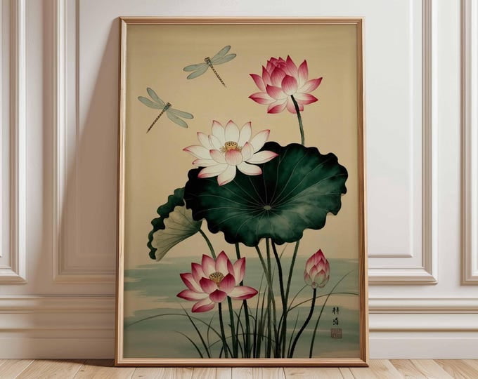 Lotus Flower Japanese Botanical Zen Dragonfly Asian Floral Wall Art ...
