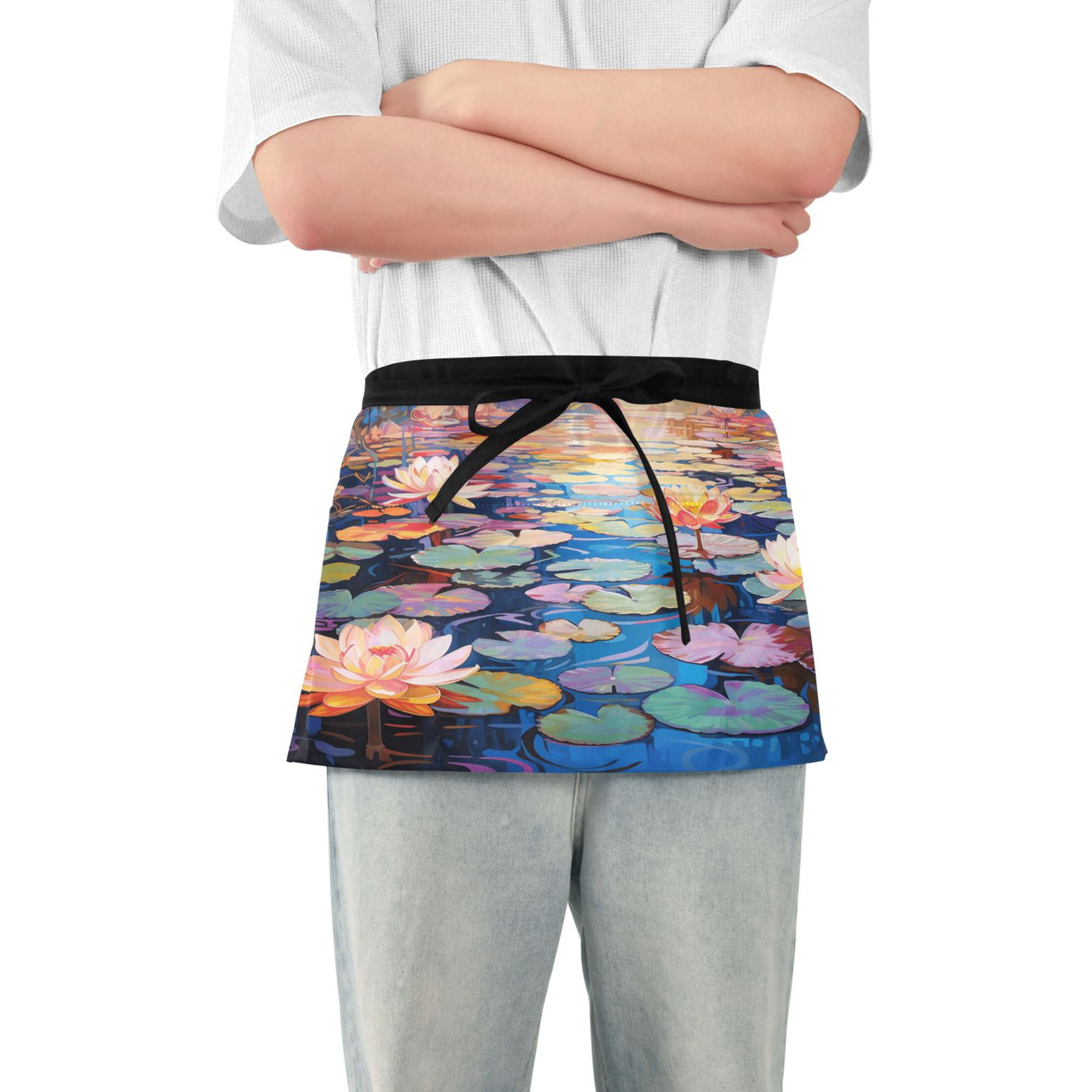 Lotus Flower Leaf Server Apron with 3 Pockets Waterproof Waitress Waist Short Apron for Man ...