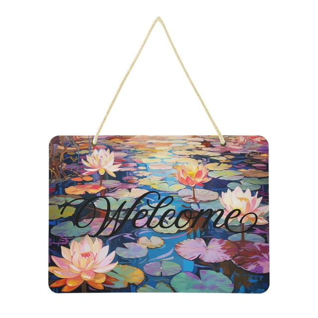Lotus Flower Leaf Welcome Sign Front Door PVC 14x10 inch Hanger Hello ...