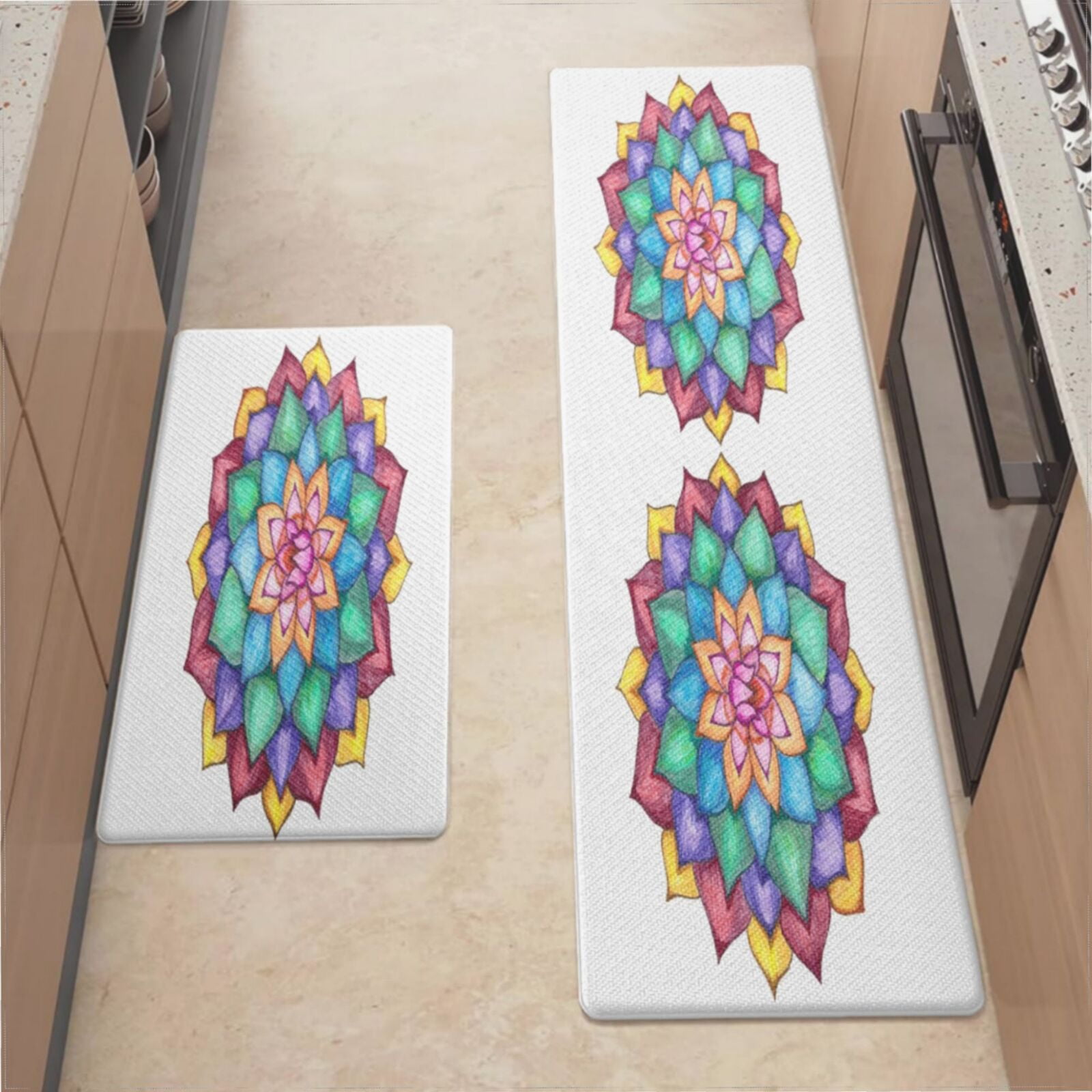 Lotus Flower Mandala Pvc Kitchen Mat Runner 2 Pieces Non Slip Washable ...