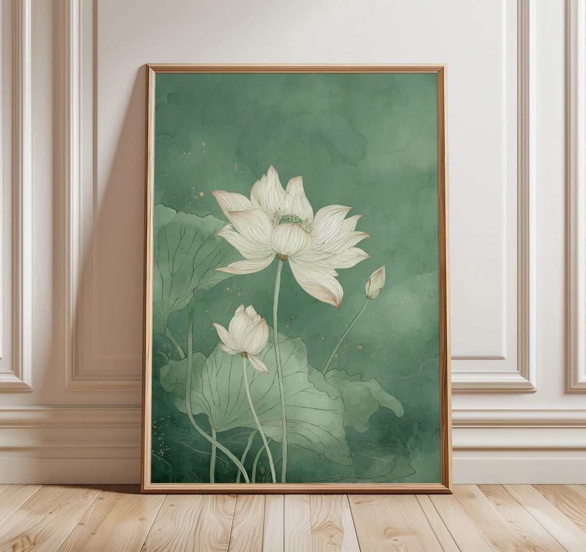 Lotus Flower Minimal Botanical Asian Zen Green Nature Illustration ...