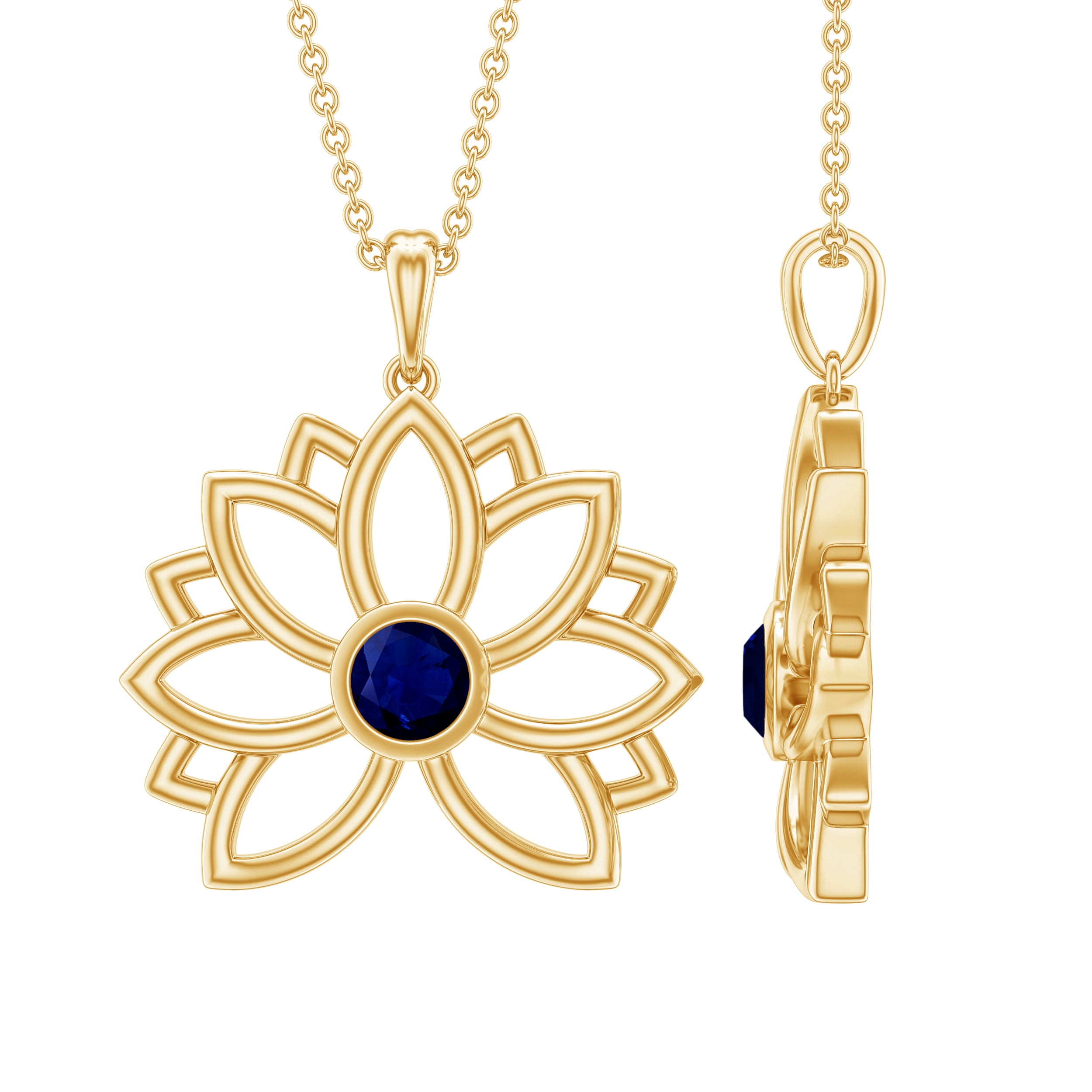 Rosec Jewels Lotus Flower Necklace with Blue Sapphire, 18K Yellow Gold ...