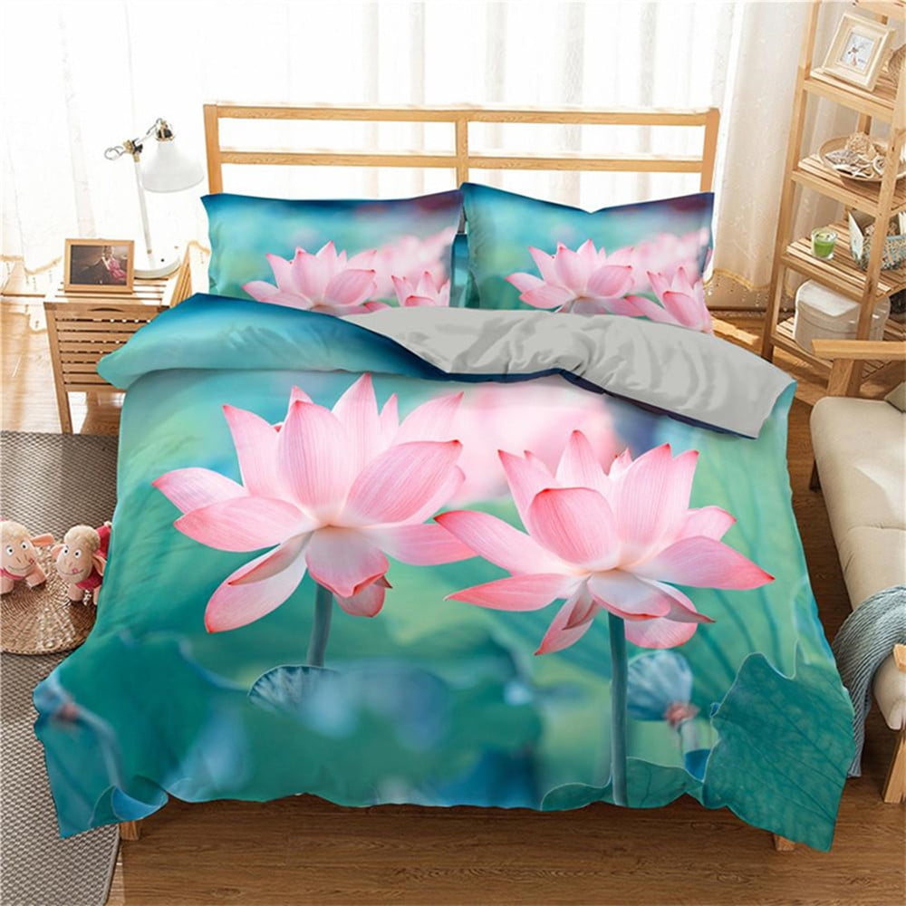 Lotus Flower Pattern Duvet Cover Nature Theme Water Hibiscus 3D Floral ...