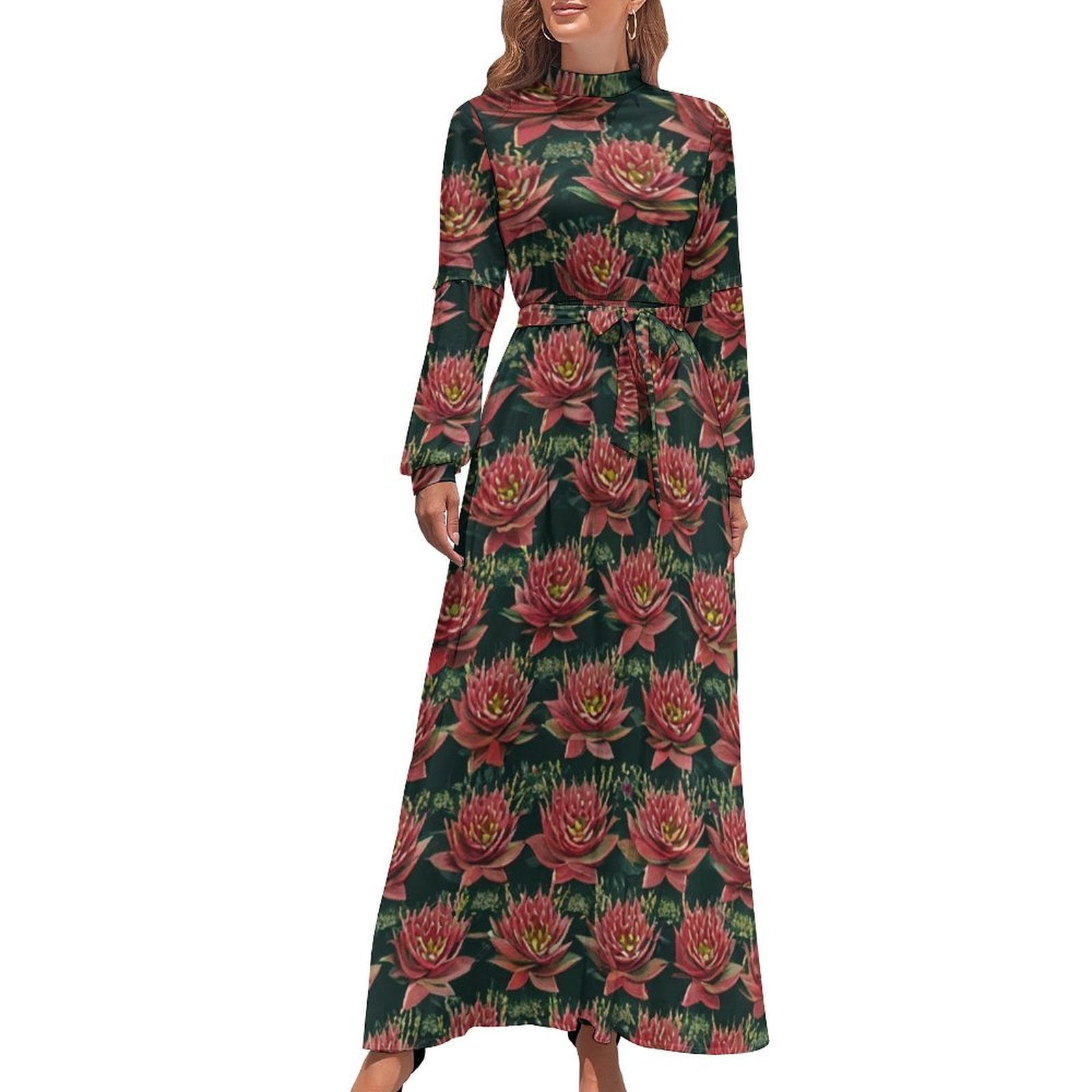 Lotus Flower Pattern Fabric Women's Long Dress Long Sleeves Dress ...