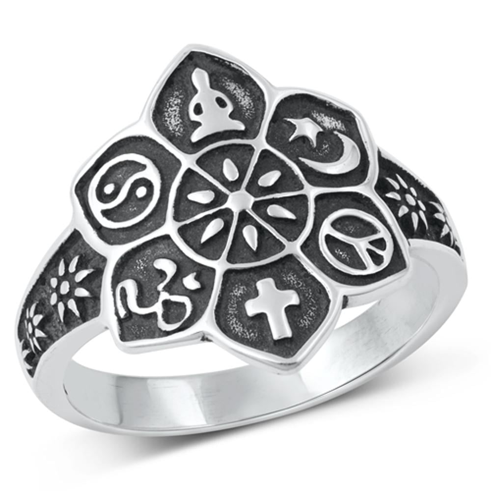 Lotus Flower Religious Symbols Ring .925 Coexist Sterling Silver Band ...