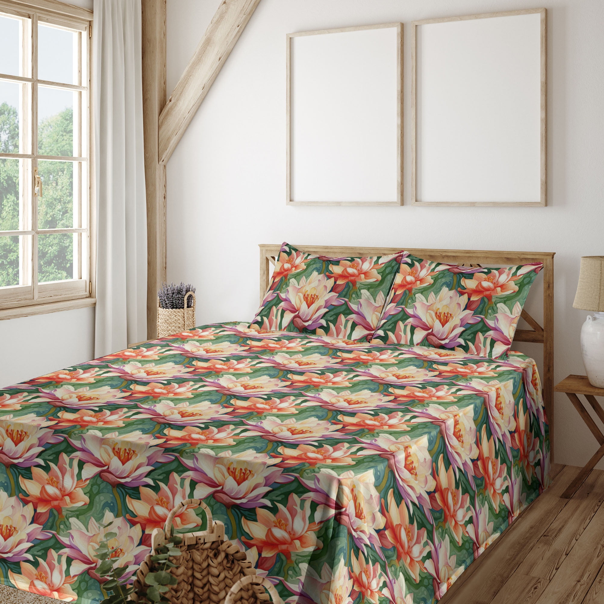 Lotus Flower Sheet Set, Water Lily Blooming Art on Nature Inspired ...