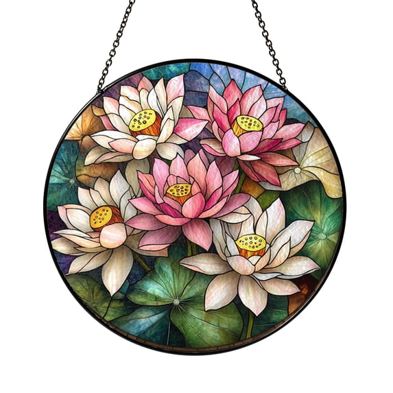 Lotus Flower Stained Glass Round Suncatcher – Handcrafted Tranquil ...