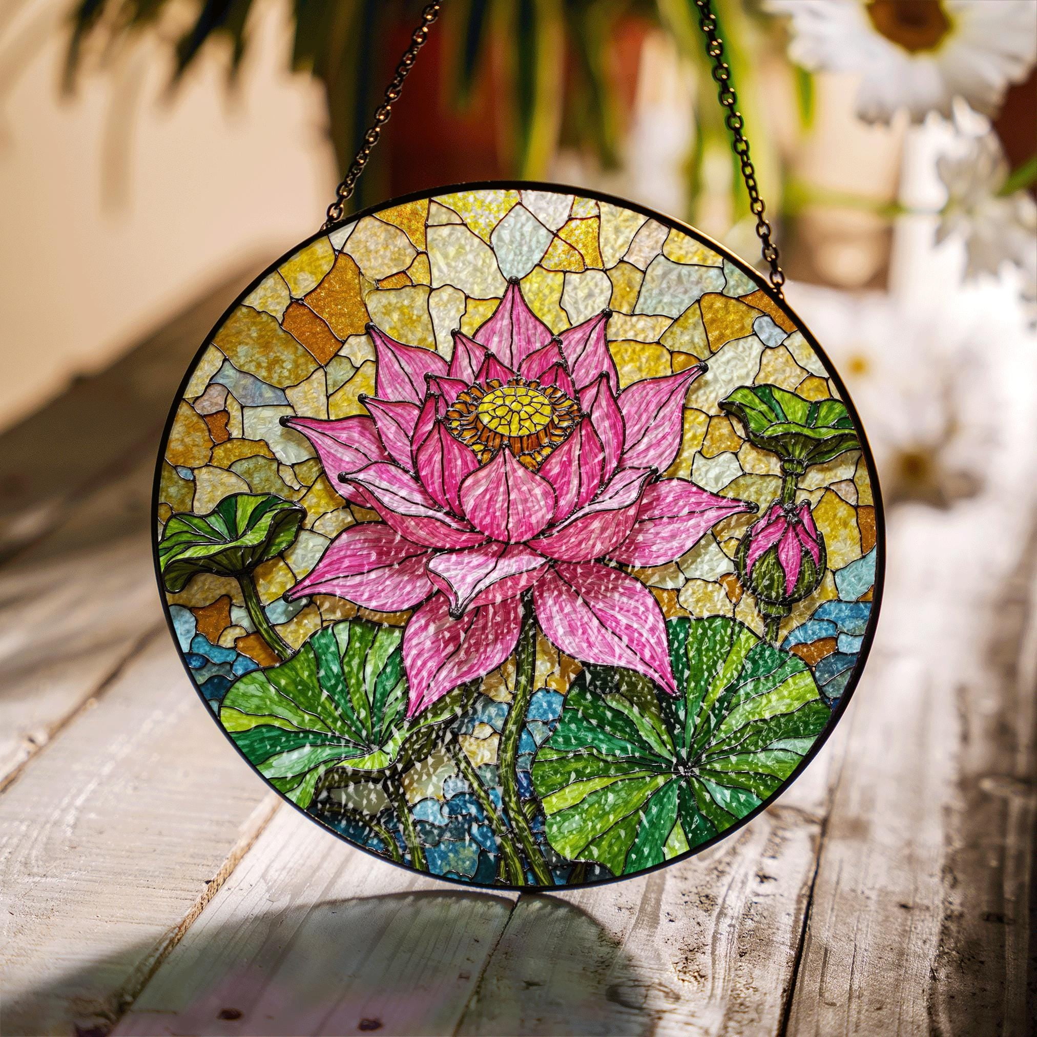 Lotus Flower Stained Glass Suncatcher Pink Flower Window Decor Gift for ...