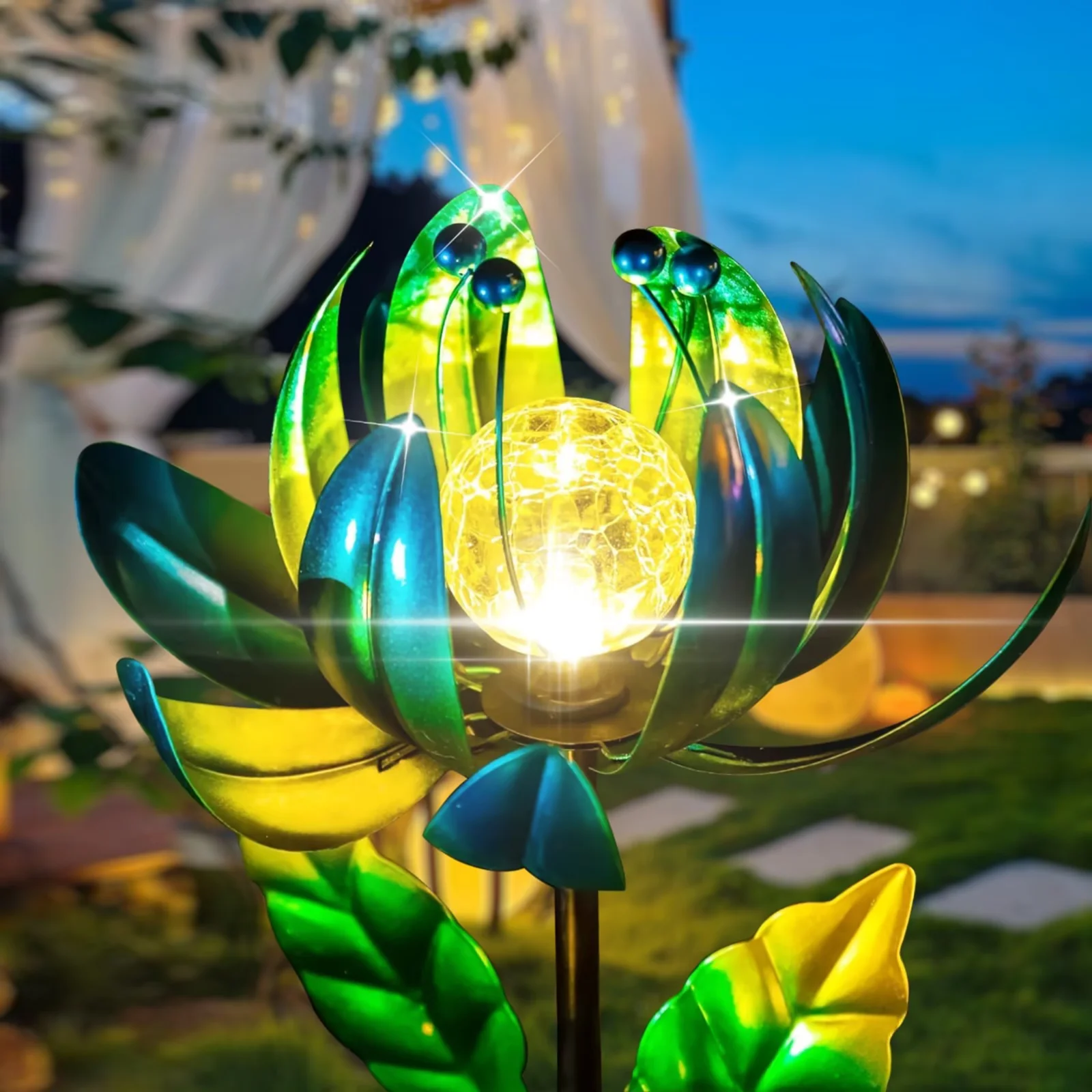 Lotus Flower Stake Garden Decor,Metal Lotus Windmill Sculpture with ...