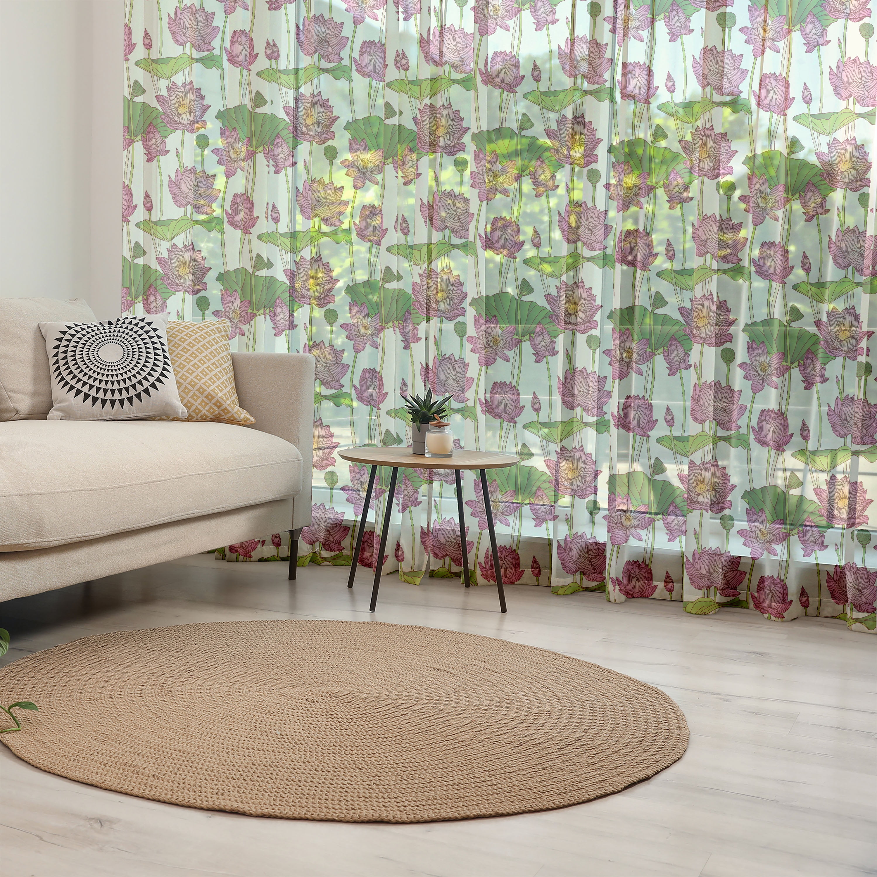 Lotus Flower Tulle Curtains with Rod Pocket, Graphic Ornament Pattern ...