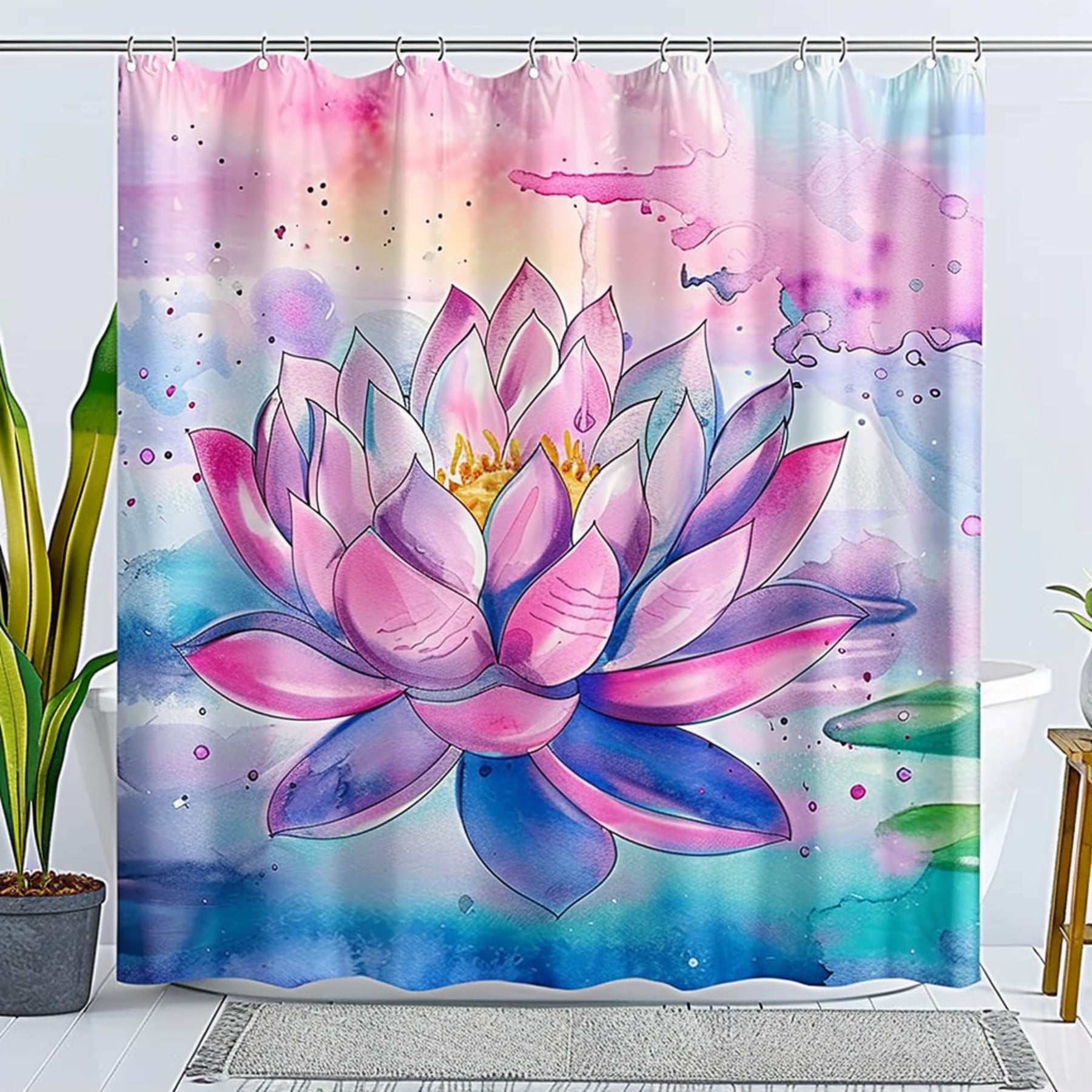 Lotus Flower Watercolor Shower Curtain Pastel Background Pink Purple