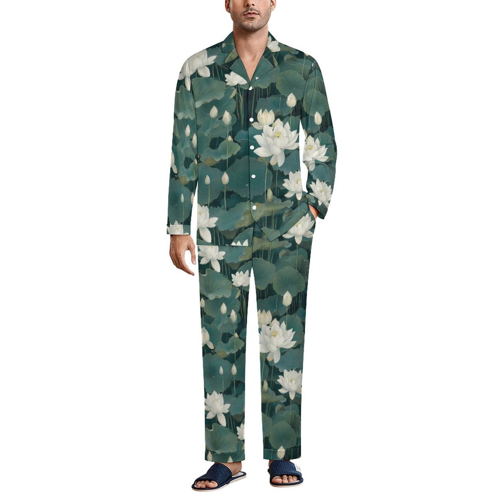 Lotus Flower White Floral Mens Pajama Set Soft Long Sleeve Sleepwear ...