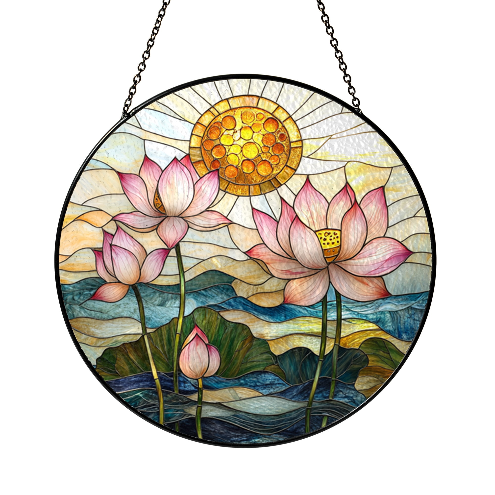 Lotus Flower and Sun Stained Glass Suncatcher, Round Decorative Window ...