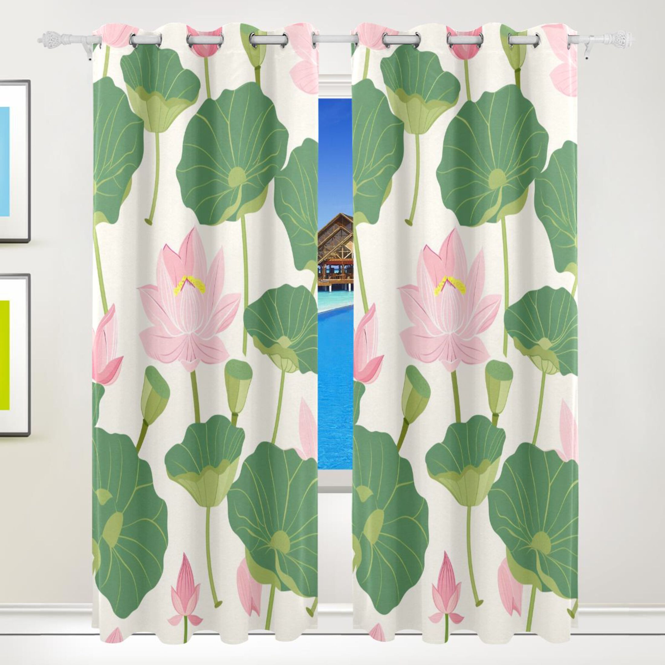 Lotus Flower with Leaf Blackout Curtains 84 inch Length 2 Panels ...
