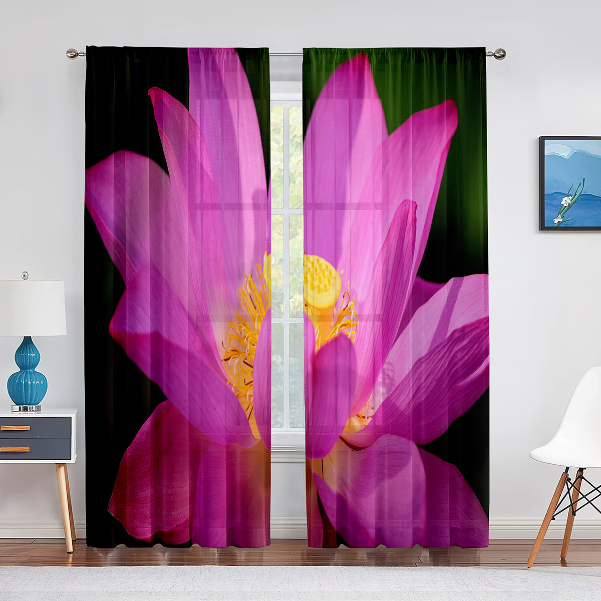 Lotus Flower with Pinkish Petals Water Lily Green Tulle Curtains for ...