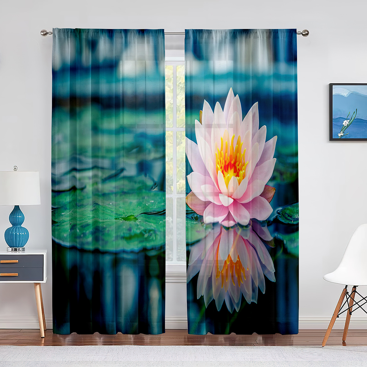 Lotus Flower with Pinkish Petals Water Lily Green Tulle Curtains for ...