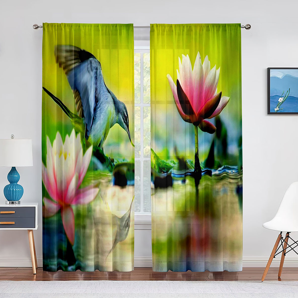 Lotus Flower with Pinkish Petals Water Lily Green Tulle Curtains for ...