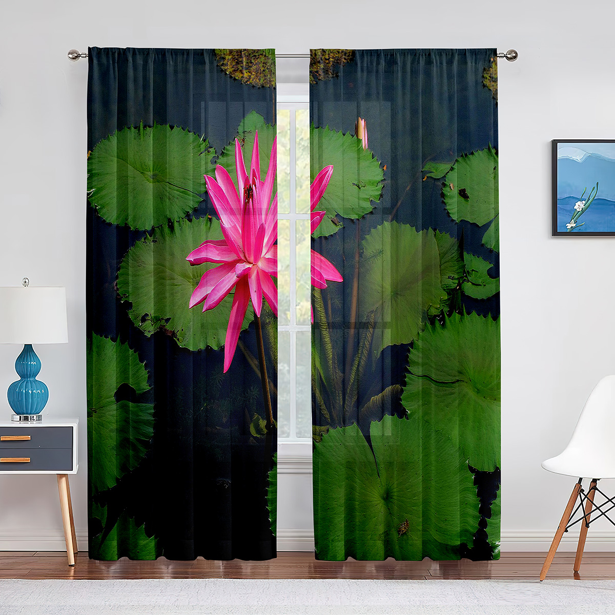 Lotus Flower with Pinkish Petals Water Lily Green Tulle Curtains for ...