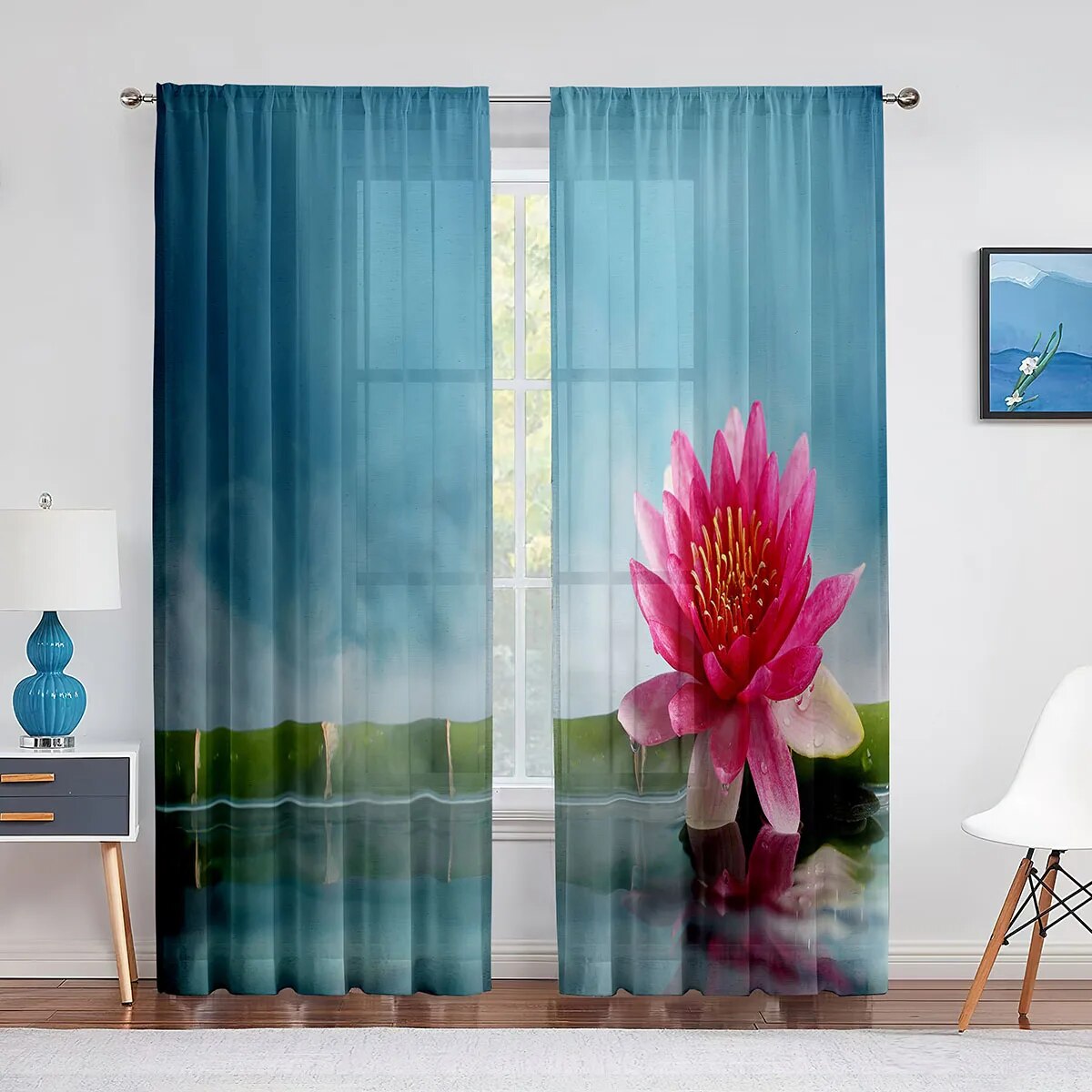 Lotus Flower with Pinkish Petals Water Lily Green Tulle Curtains for ...