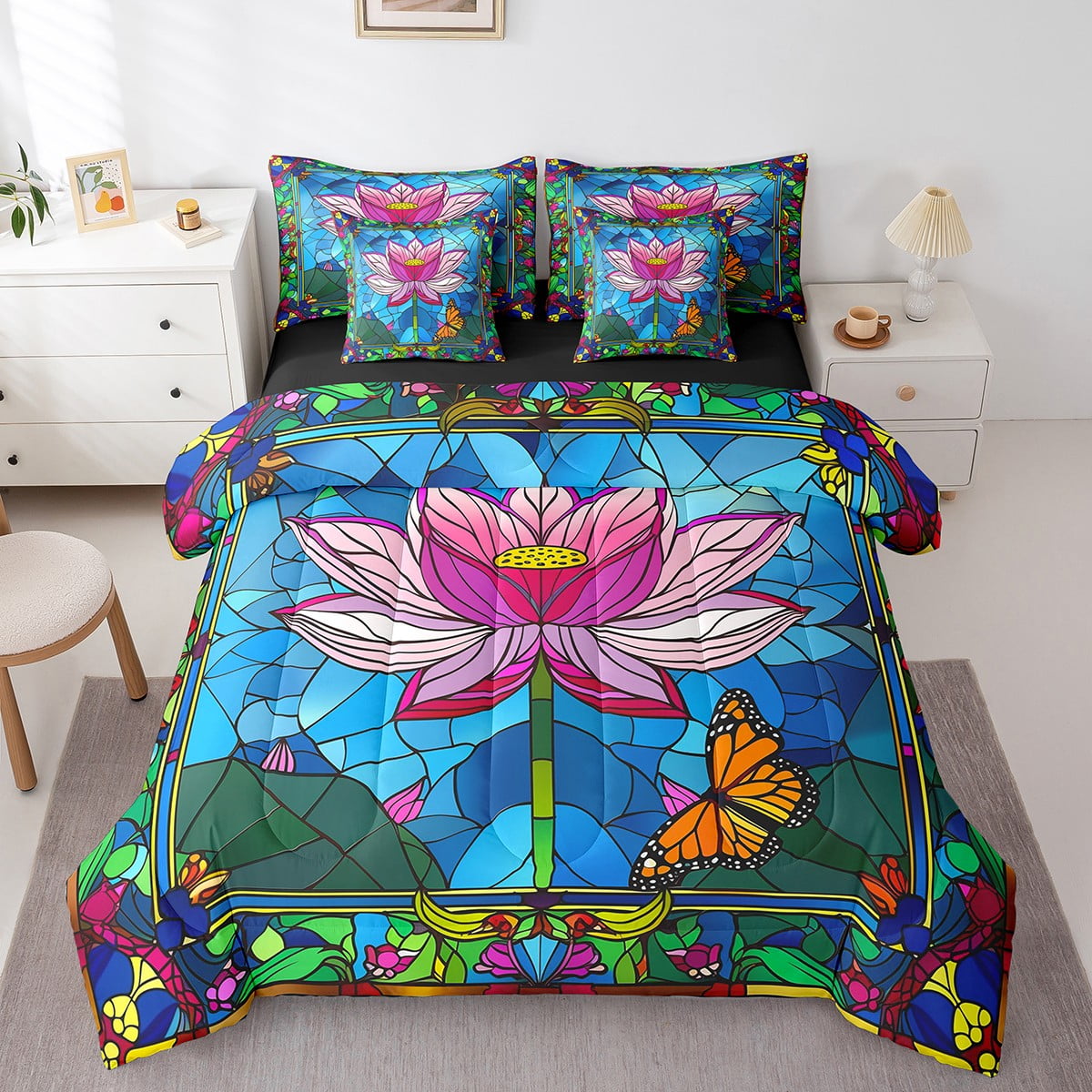 Lotus Flowers Full Comforter Set - 7 Pieces Bed in a Bag Set,Rustic ...