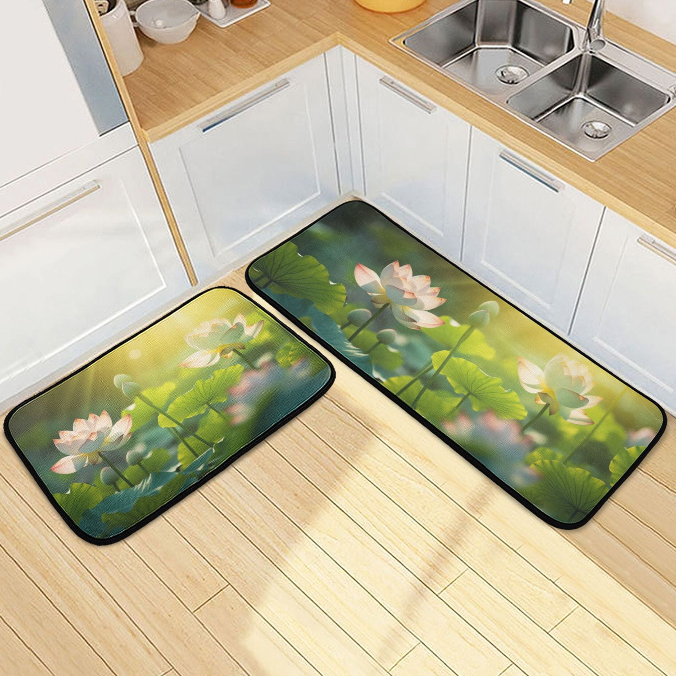 Lotus Flowers Green Kitchen Mats Set 2 Piece Non Slip Floor Foam Rugs ...