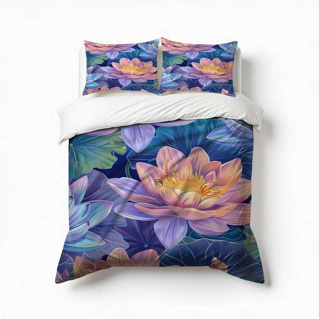 Lotus Flowers Nelumbo Nucifera Bedding Set 3 Pcs Soft Microfiber Quilt ...