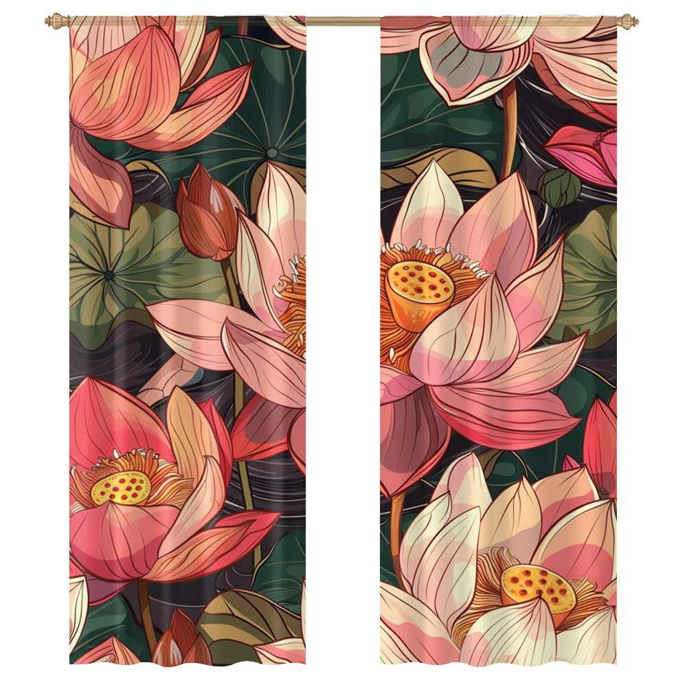 Lotus Flowers Nelumbo Nucifera Modern Tulle Window Curtains for Living ...
