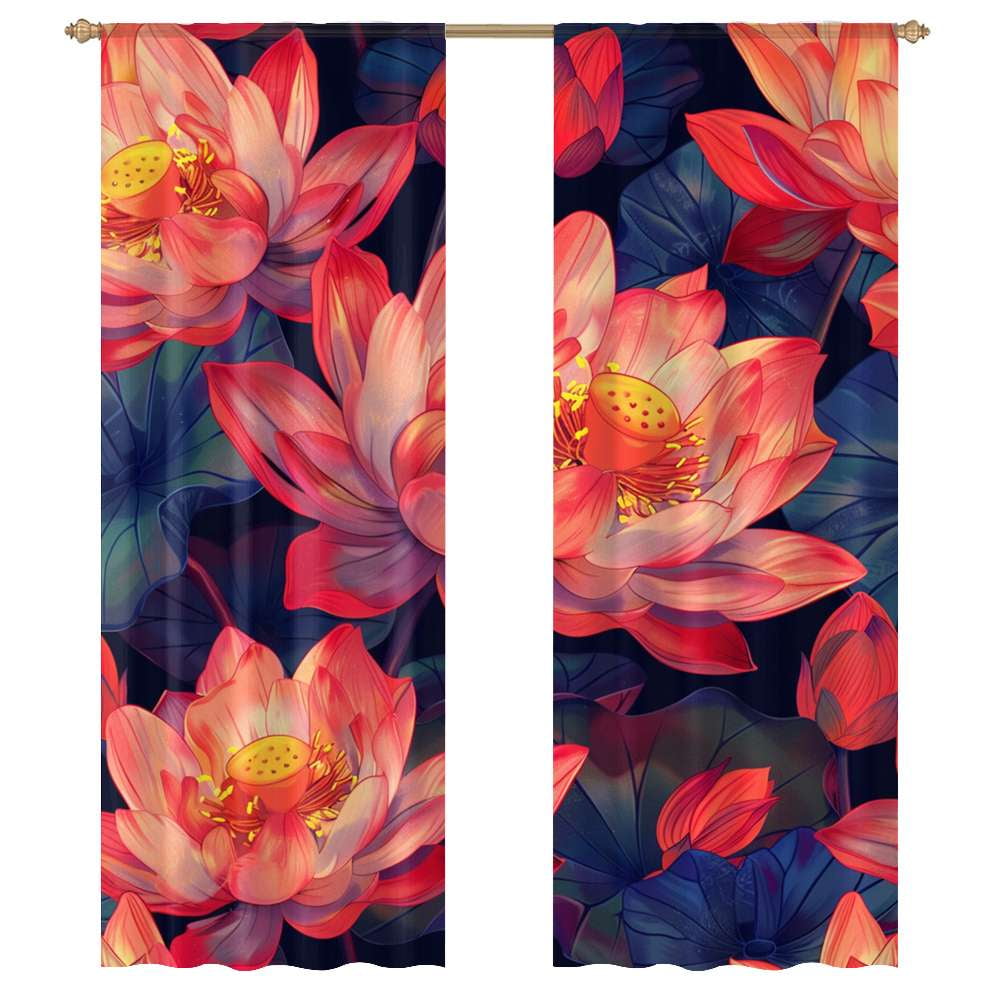 Lotus Flowers Nelumbo Nucifera Modern Tulle Window Curtains for Living ...