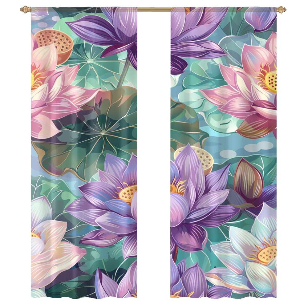Lotus Flowers Nelumbo Nucifera Sheer Voile Curtain Window Tulle ...