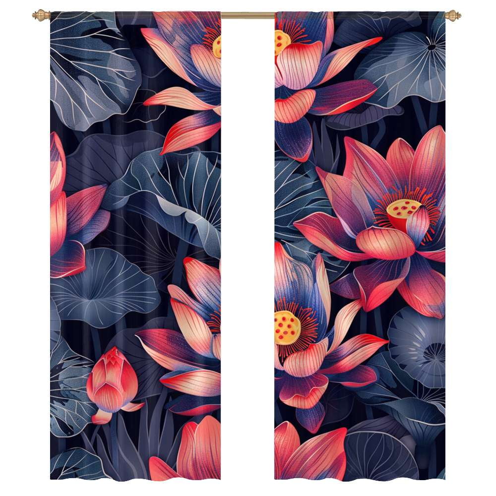 Lotus Flowers Nelumbo Nucifera Sheer Voile Curtain Window Tulle ...