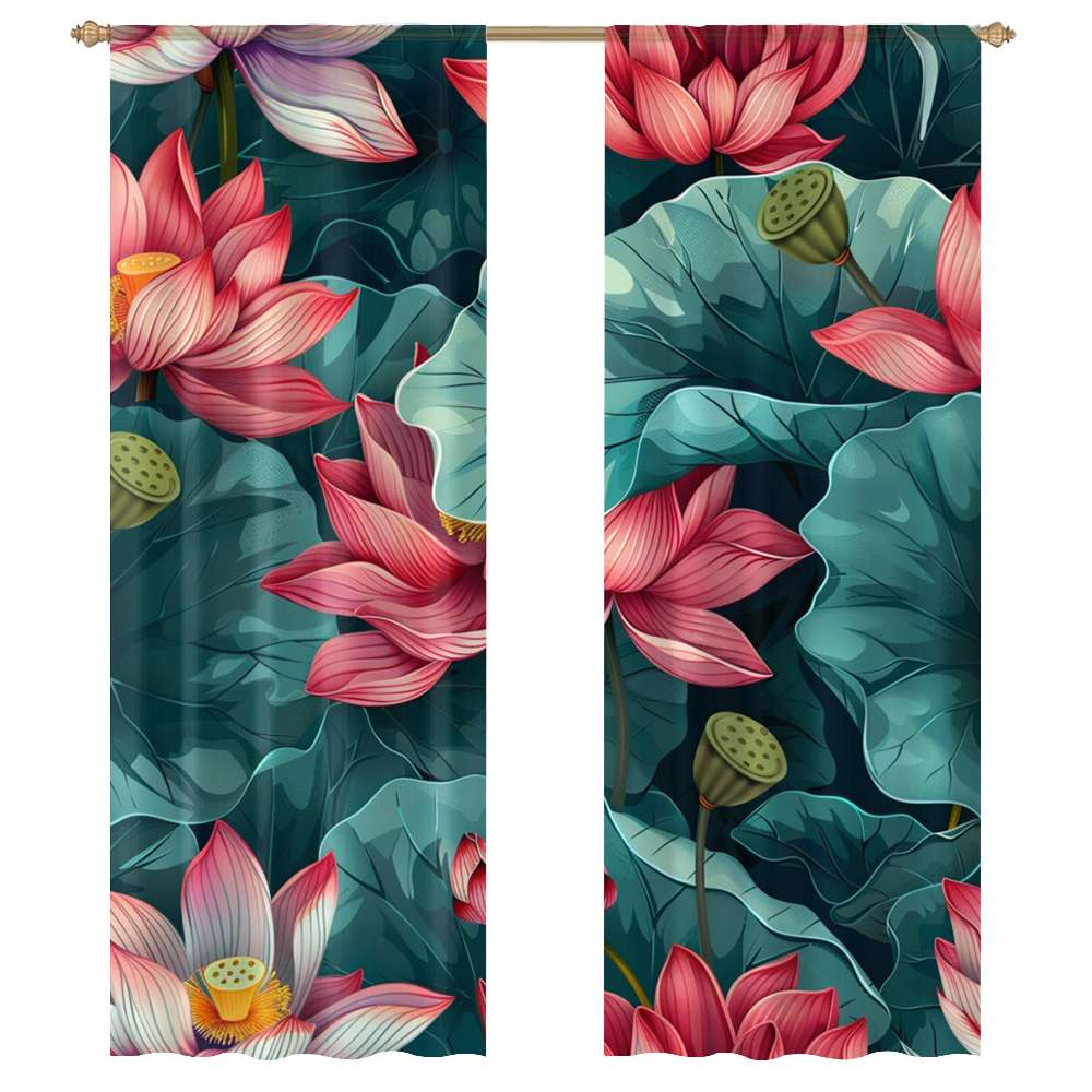 Lotus Flowers Nelumbo Nucifera Sheer Voile Curtain Window Tulle ...