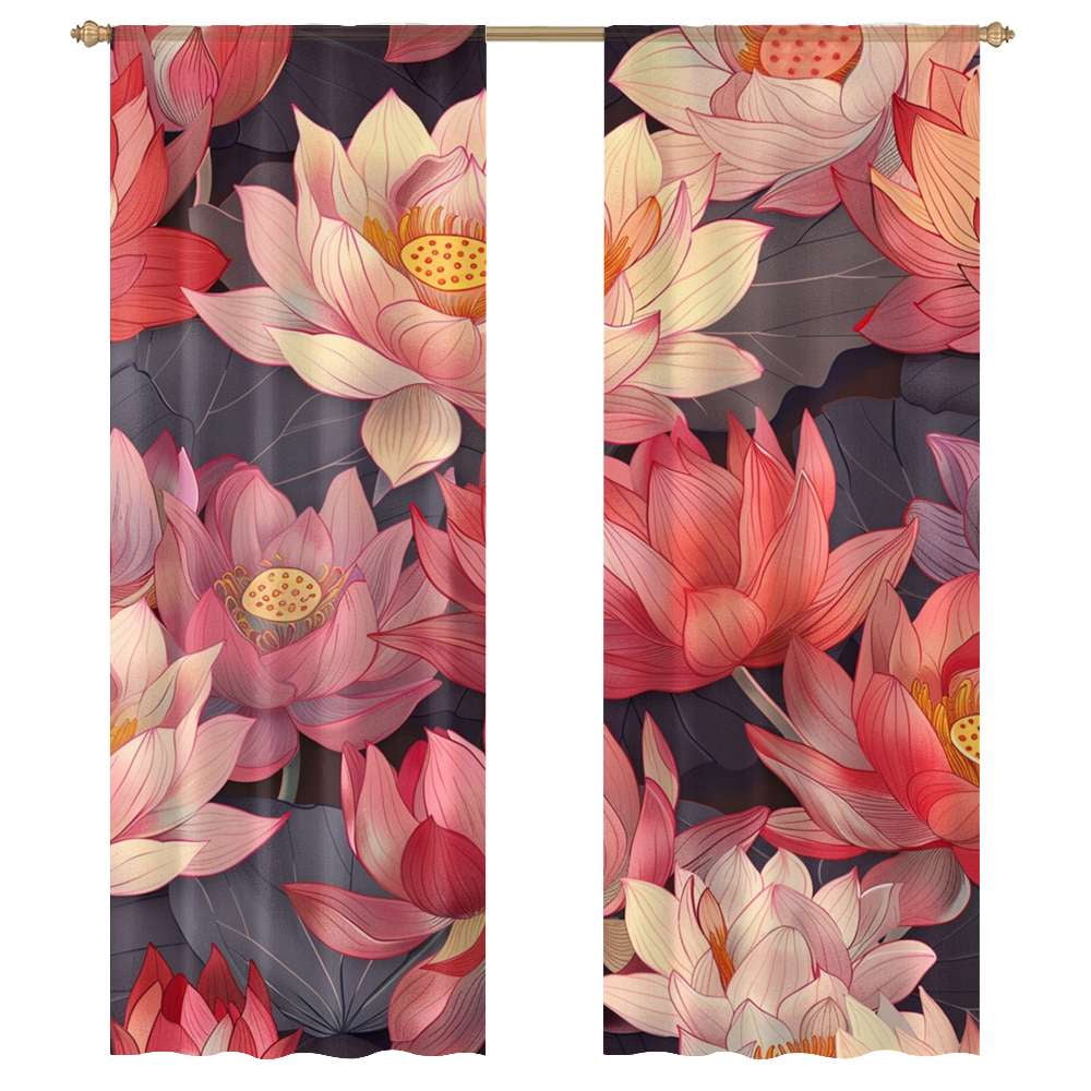 Lotus Flowers Nelumbo Nucifera Sheer Voile Curtain Window Tulle ...