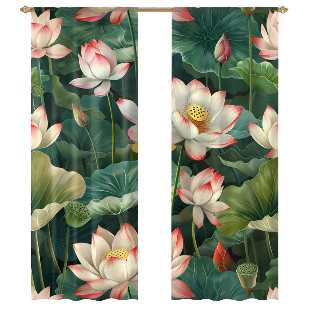 Lotus Flowers Nelumbo Nucifera Sheer Voile Curtain Window Tulle ...