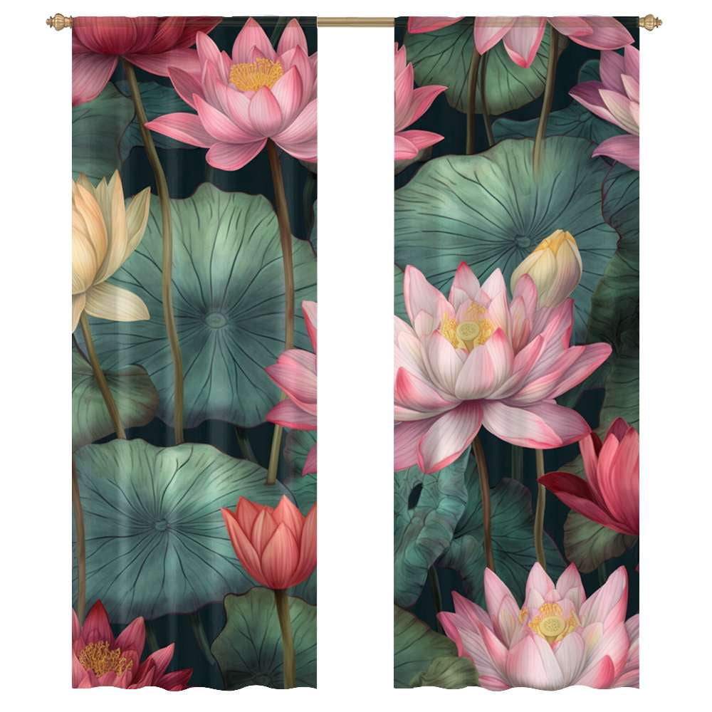Lotus Flowers Nelumbo Nucifera Sheer Window Curtains for Living Room ...