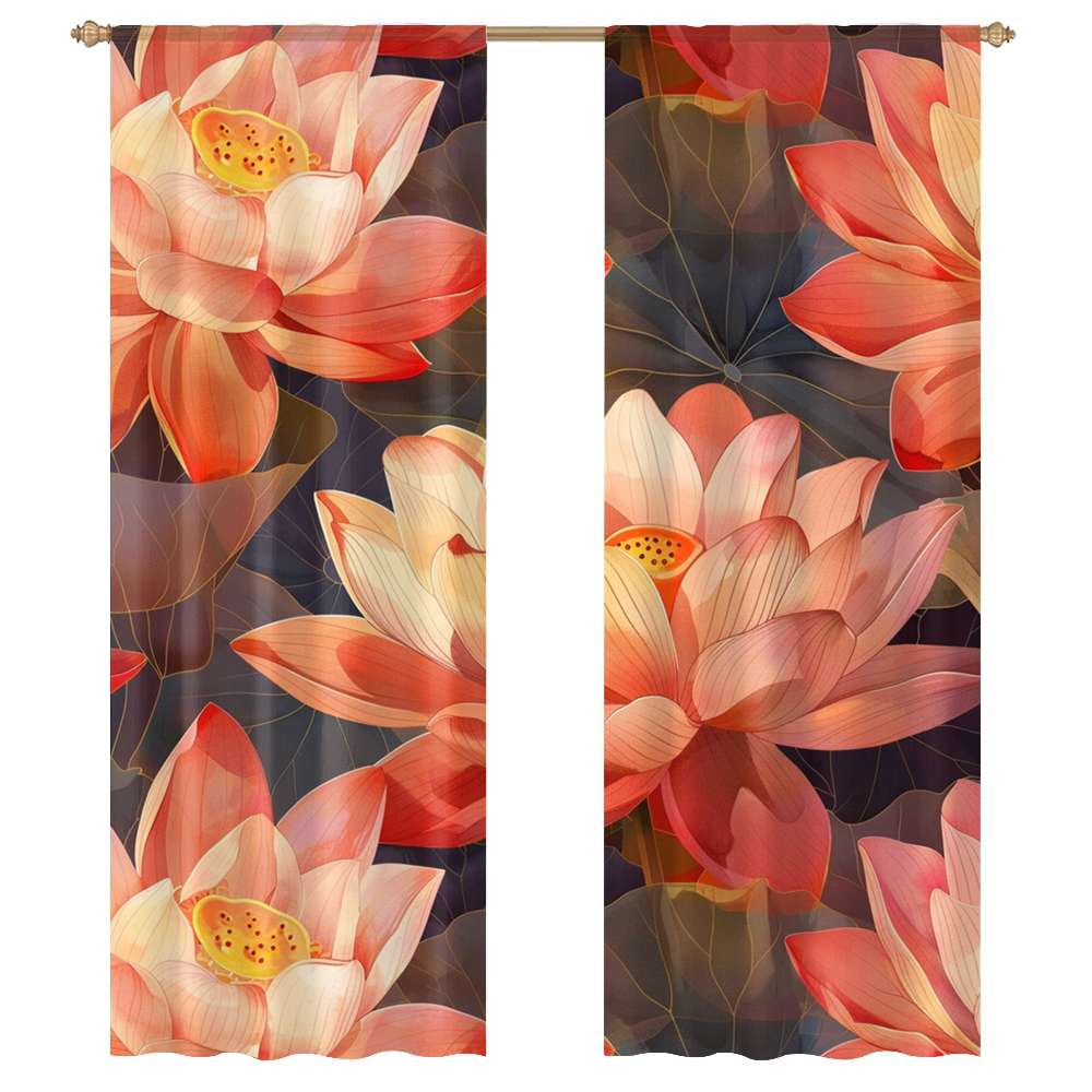 Lotus Flowers Nelumbo Nucifera Sheer Window Curtains for Living Room ...