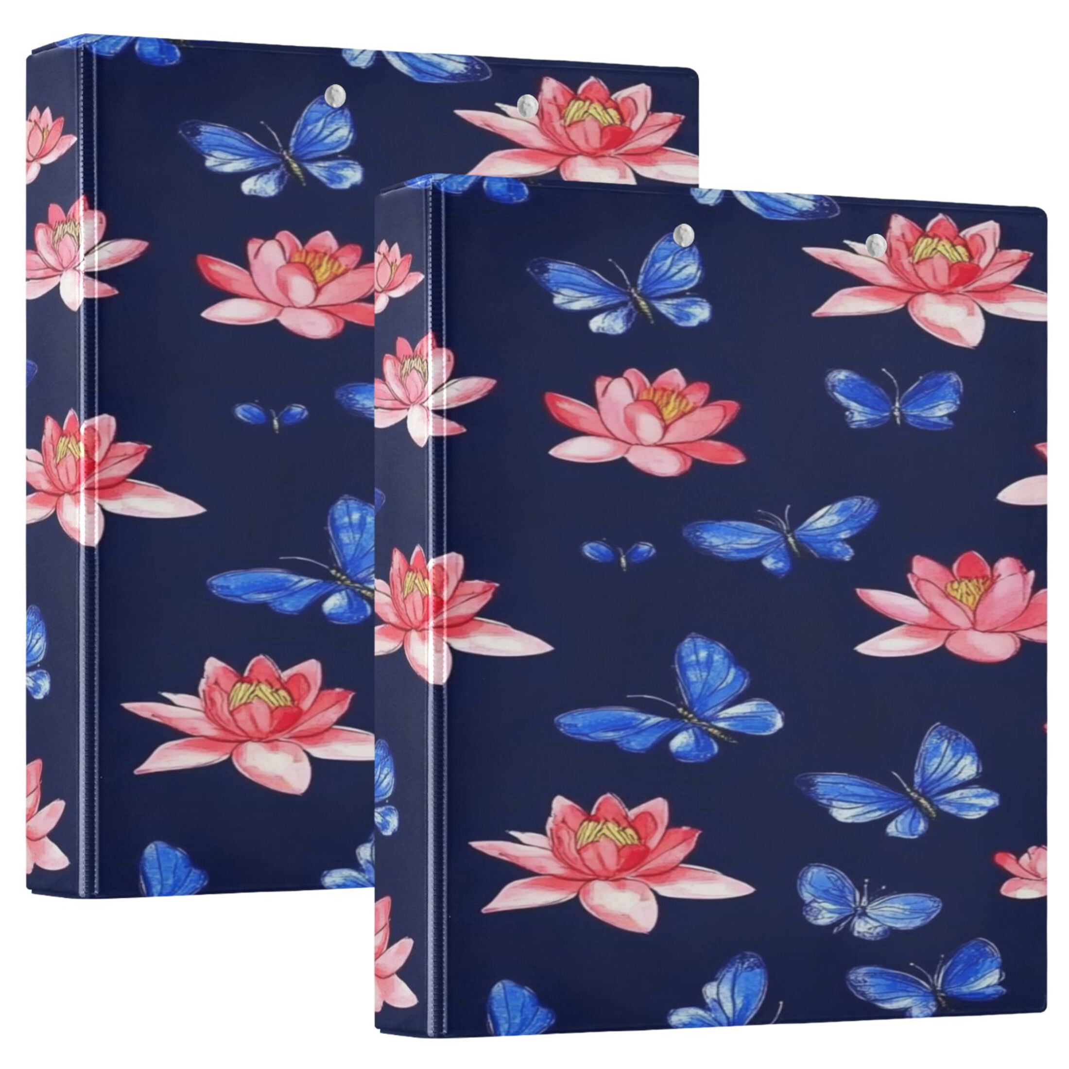 Lotus Flowers and Blue Butterflies 12.4x10.6in PVC Round Ring Binders ...