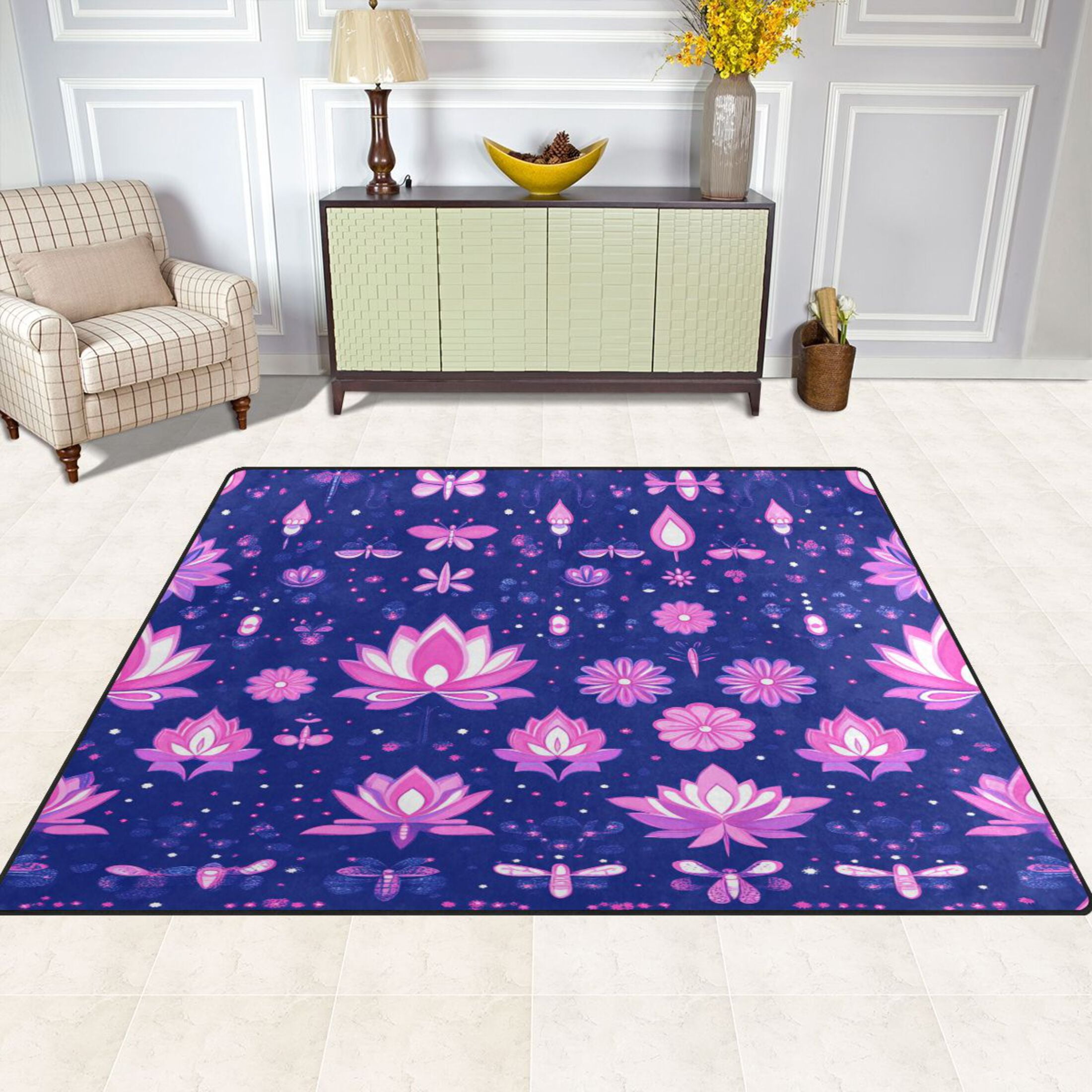 Lotus Flowers and Dragonfly 80''x58'' Extra Large Plush Memory Foam Rug ...