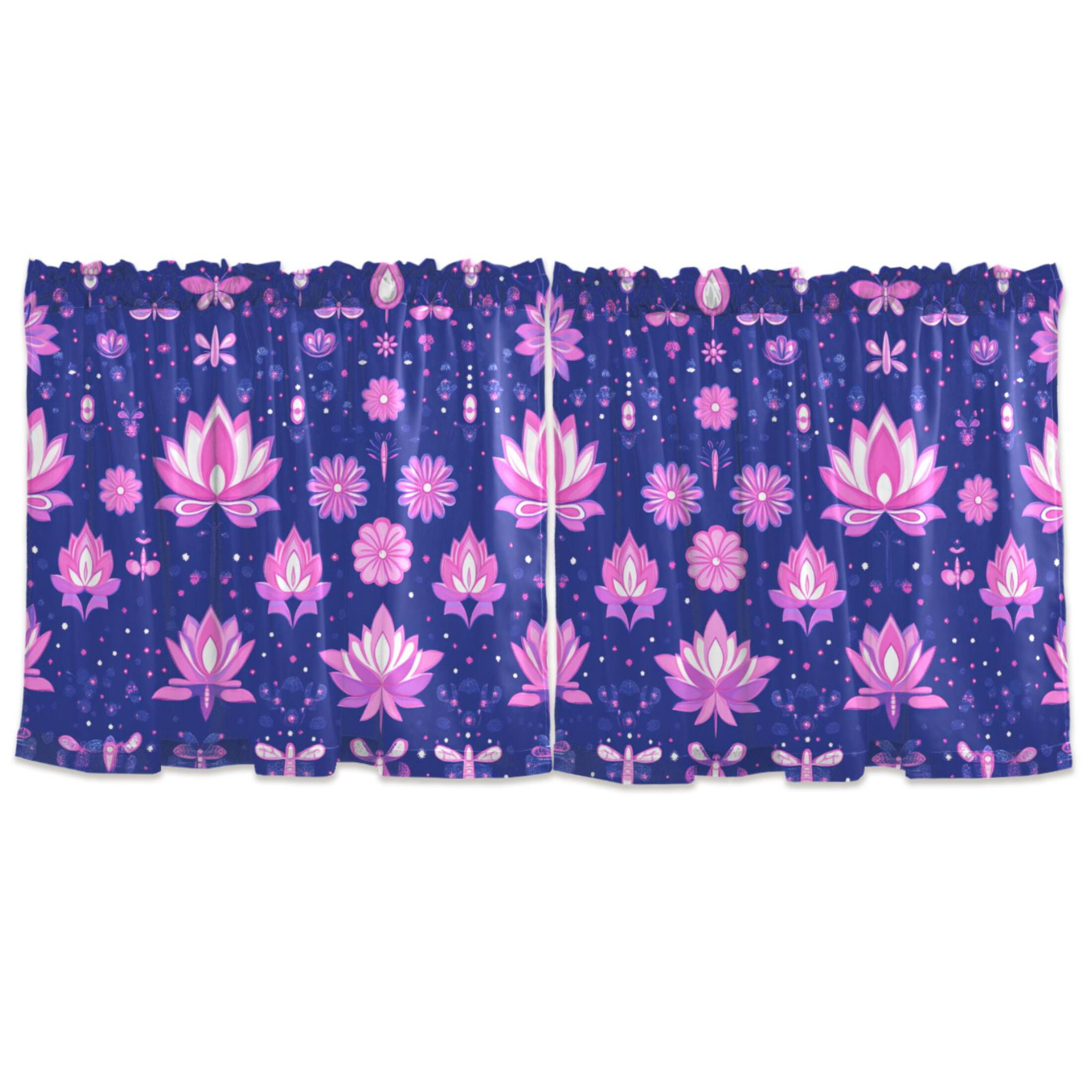 Lotus Flowers and Dragonfly Tier Curtains for Kitchen 57x24 Inch Semi ...